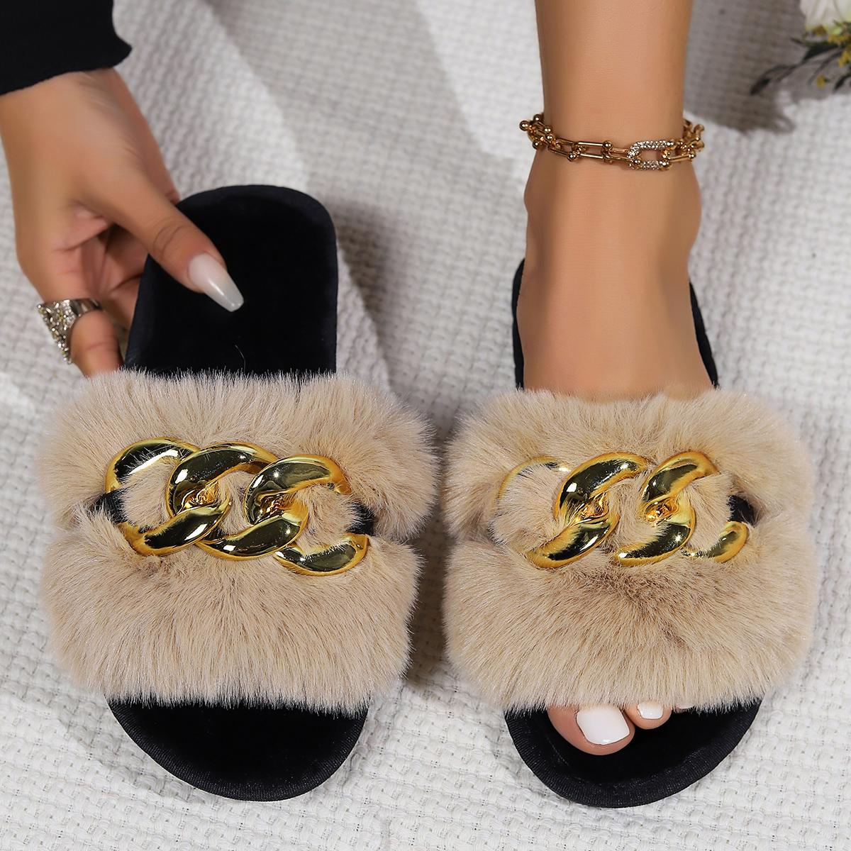 Women's Fleece Lined Indoor Slippers with Metal Chain - TikTok Shop