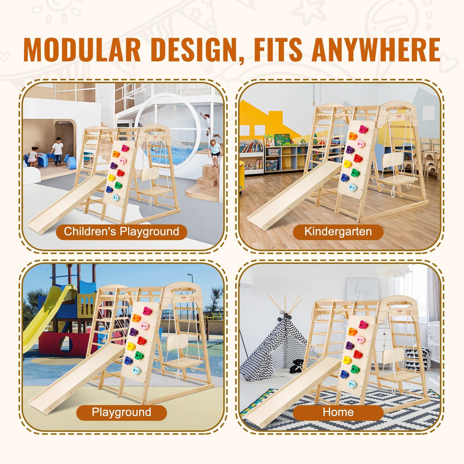 VEVOR Indoor Jungle Gym, 7-in-1 Toddler Indoor Playground, Wooden ...