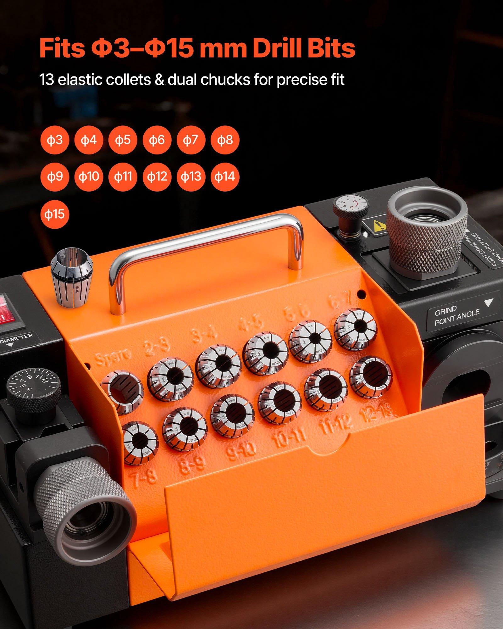 VEVOR Drill Bits Sharpener MR-13B+, 3-15mm Drill Bit Grinder Sharpener ...