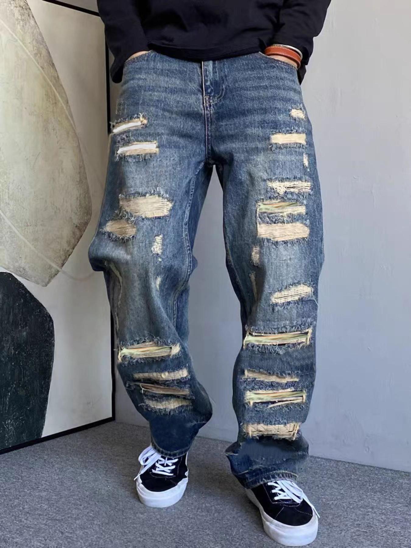 Men's Relaxed Fit Denim Jeans, Plain Pattern, Loose-Fitting Design ...