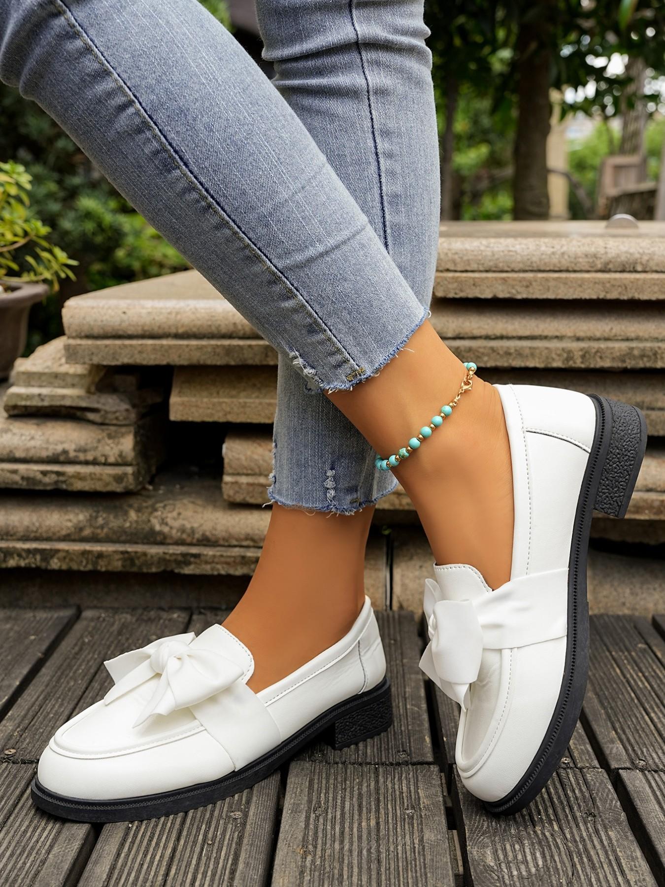 Women's Bow Loafers Colorblock Chunky Heel Small Leather Shoes, Casual ...