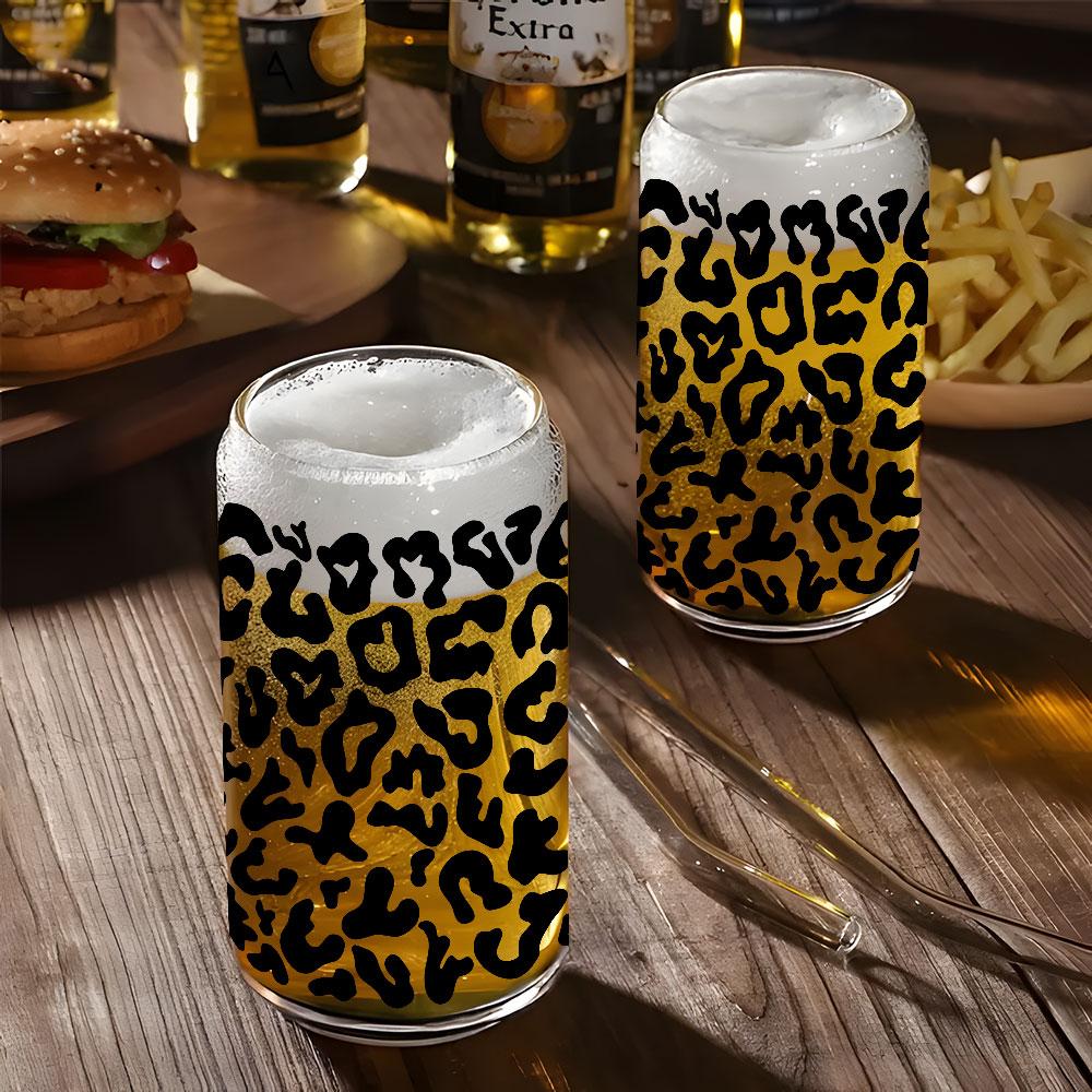 Leopard Print 16oz covered straw glass drinking cup, reusable glass ...