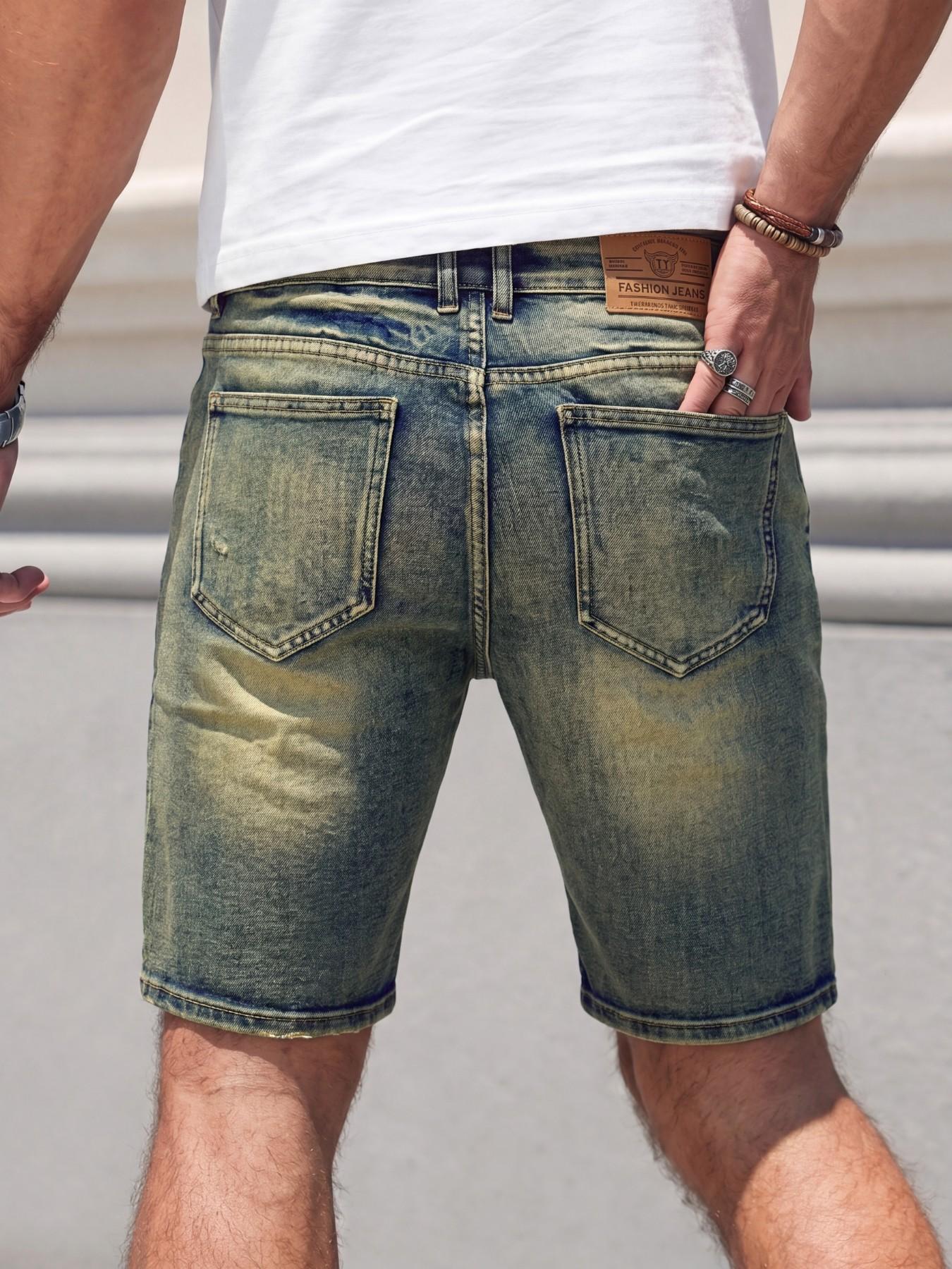 Men's Vintage Washed Denim Shorts, Slim Fit Patchwork Design, Frayed ...