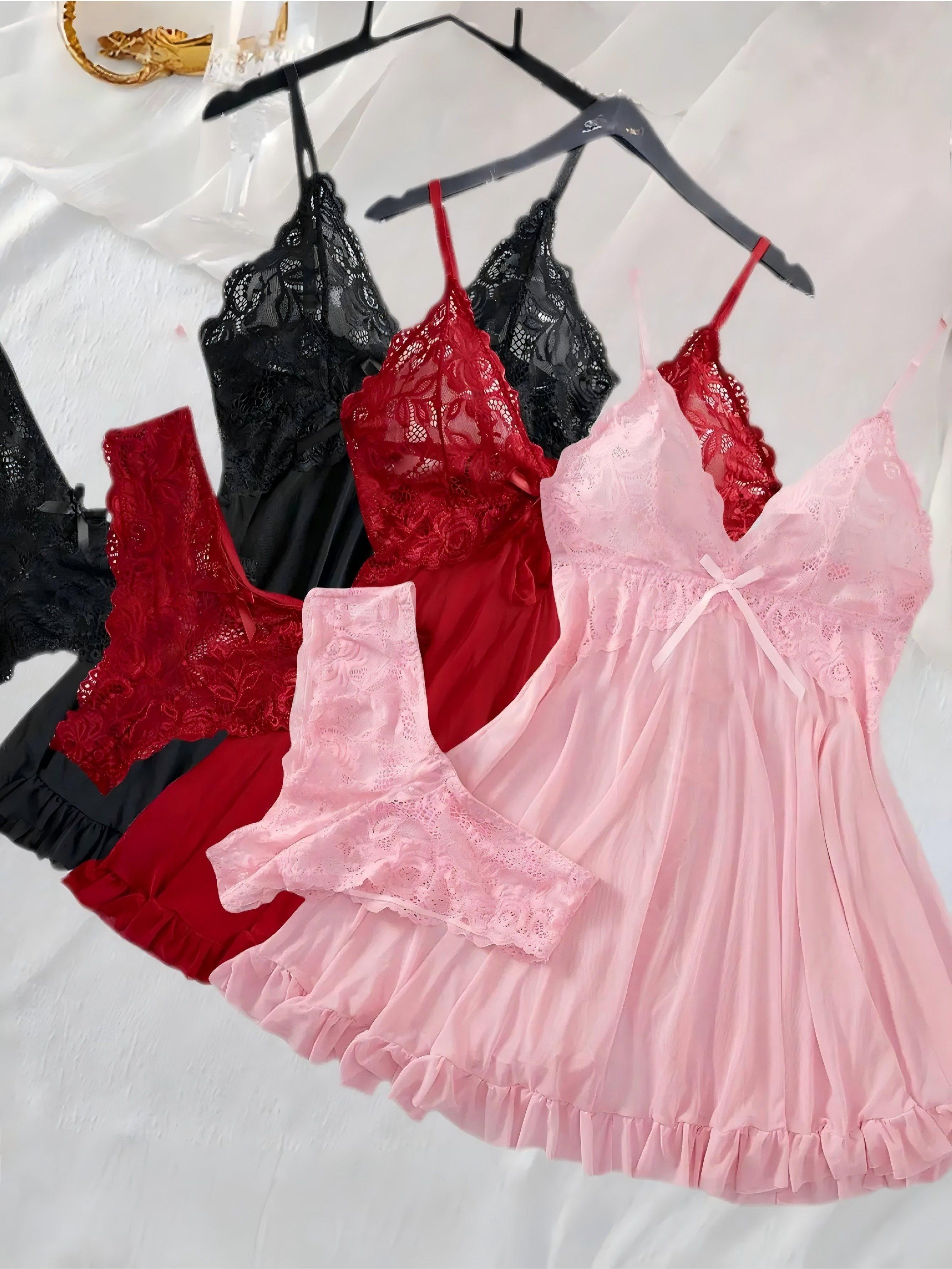 3Sets 3Colors Sets(red+blue+pink) V-Neck Sexy Contrast Lace Mesh ...