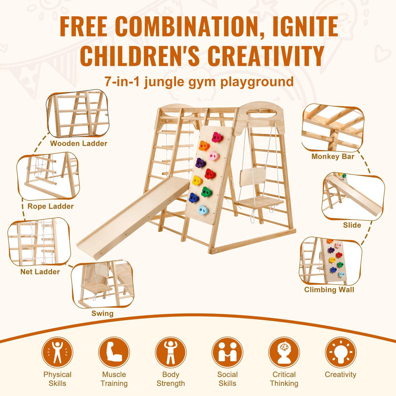 VEVOR Indoor Jungle Gym, 7-in-1 Toddler Indoor Playground, Wooden ...