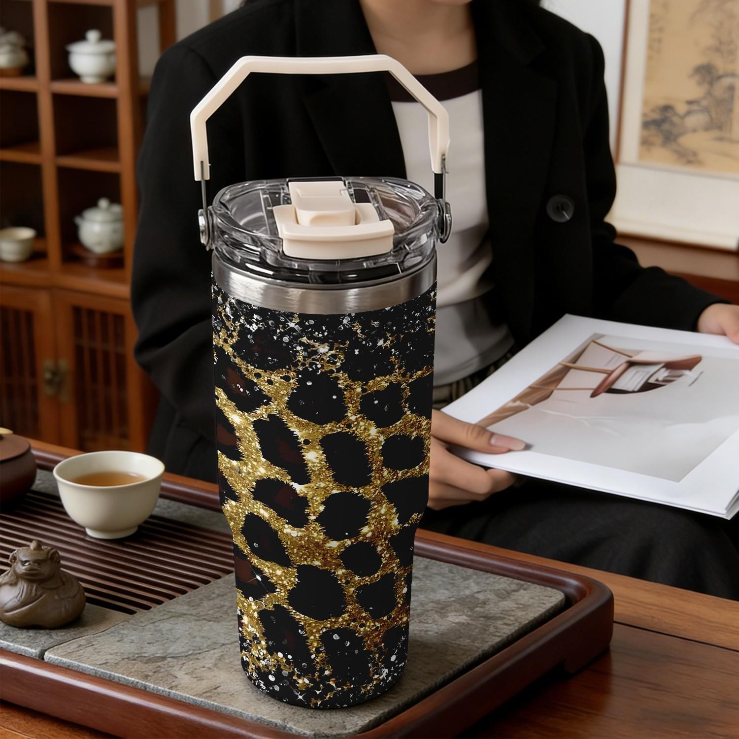 30oz Stainless Steel Handheld Water Bottle, Gold Leopard Print Design ...