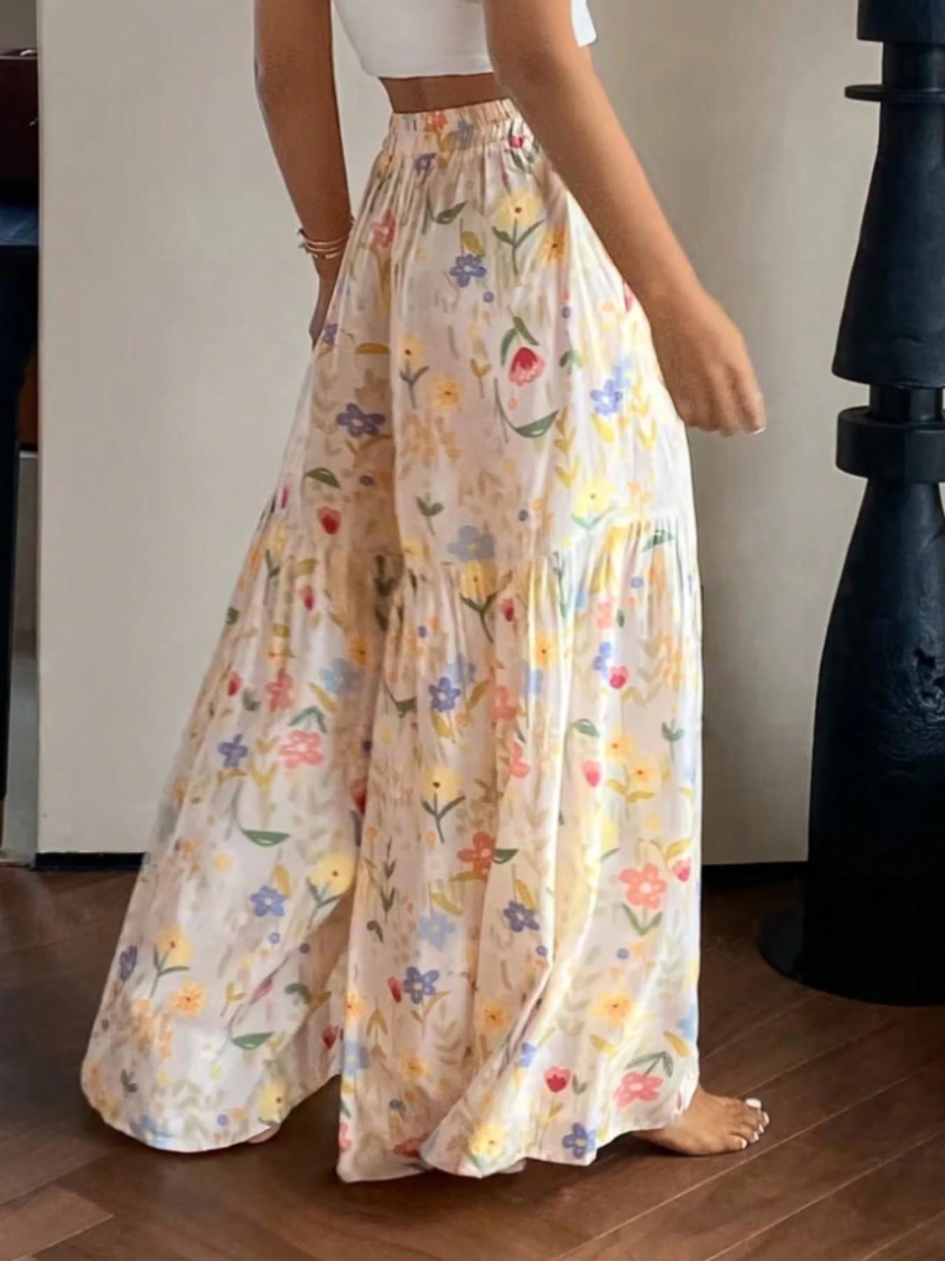Women's Floral Wide Leg Pants, Loose Fit Flowy Long Trousers, Fashion ...