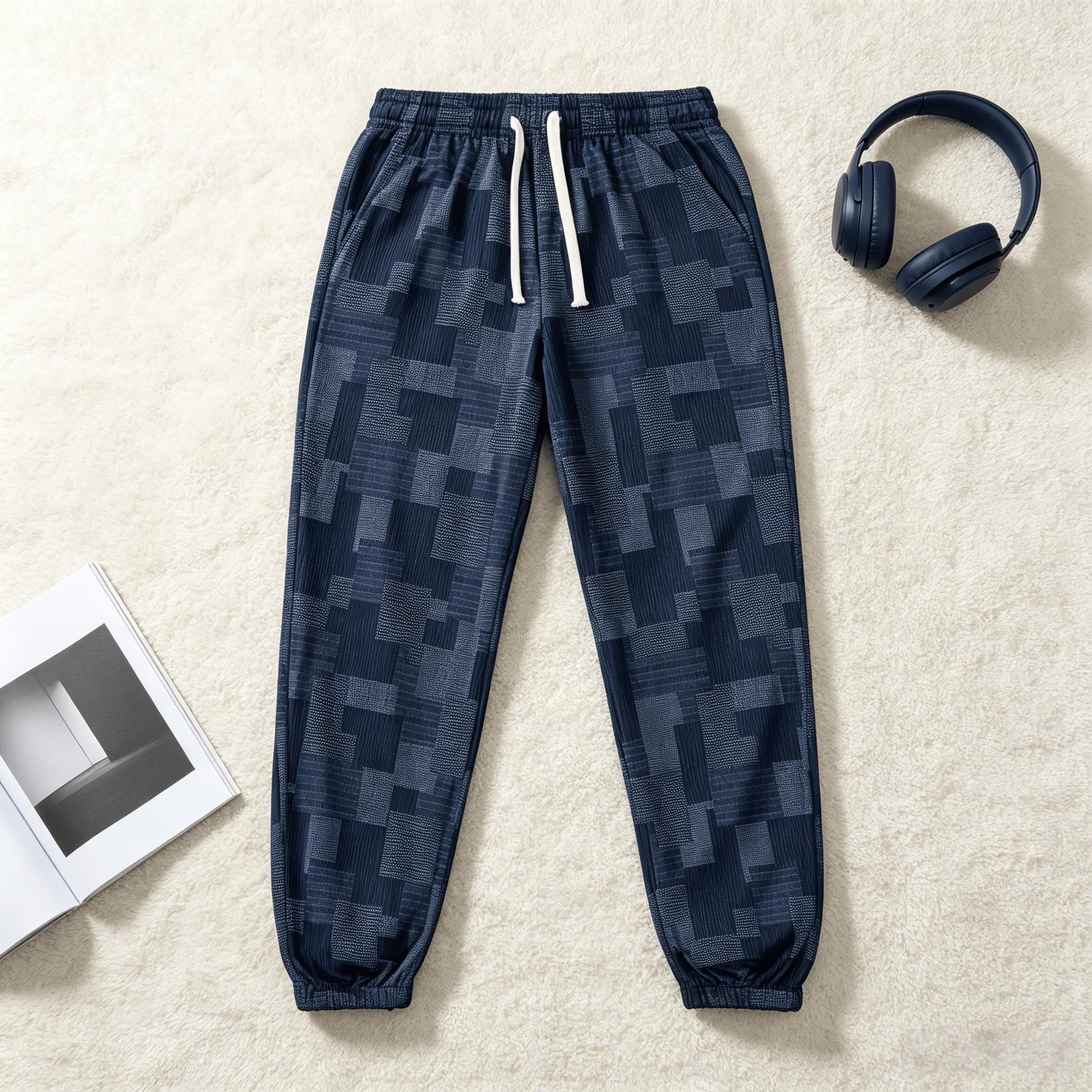 Men’s Dark Blue Block Plaid Jogger Pants - Elastic Waist with White ...
