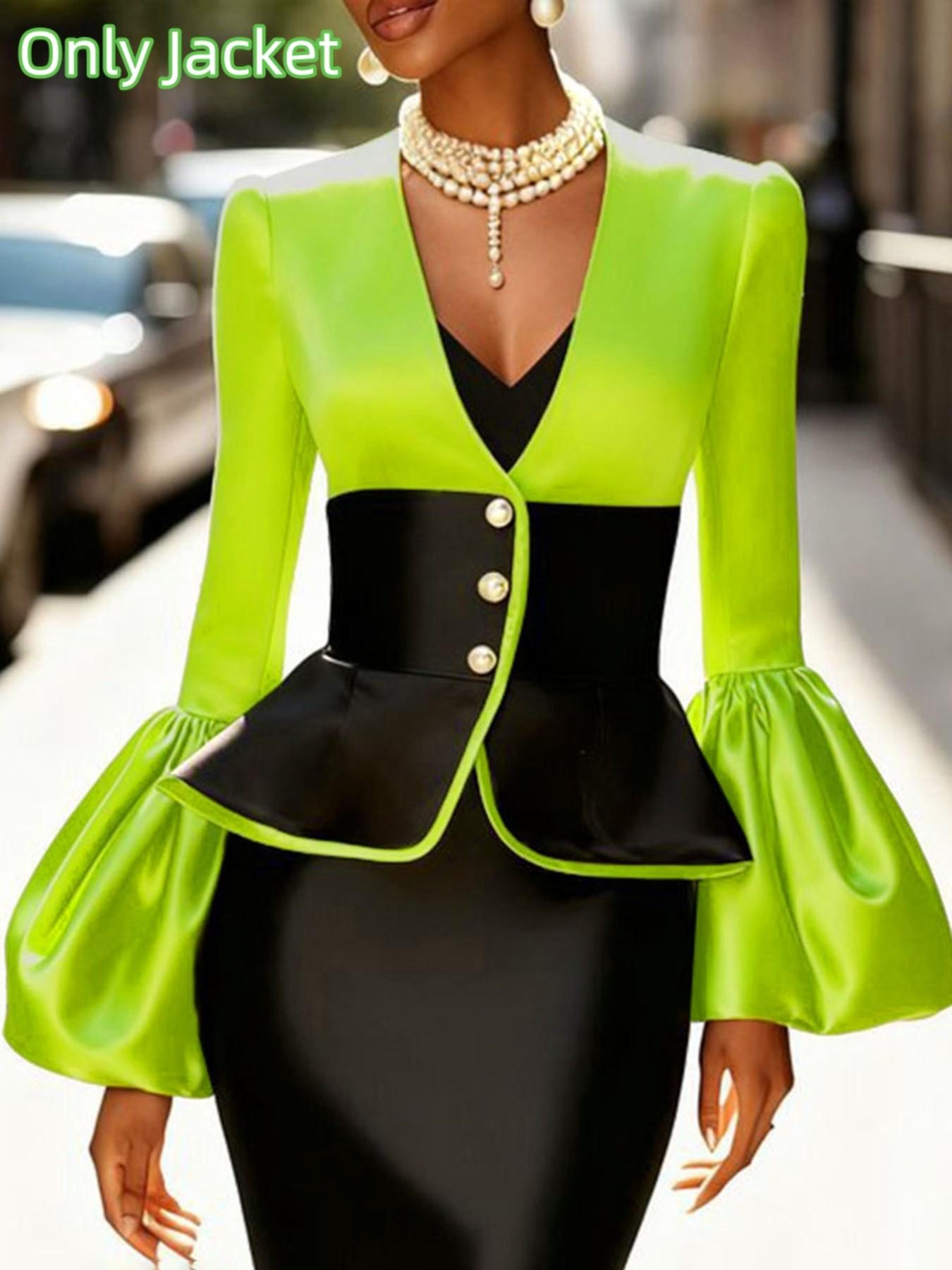 Flared Sleeve Long Sleeve Button Pleated Slit V Neck Coat, Stylish Chic ...