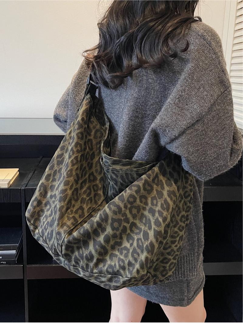 Camouflage canvas tote bag, trendy leopard print crossbody bag, unisex ...