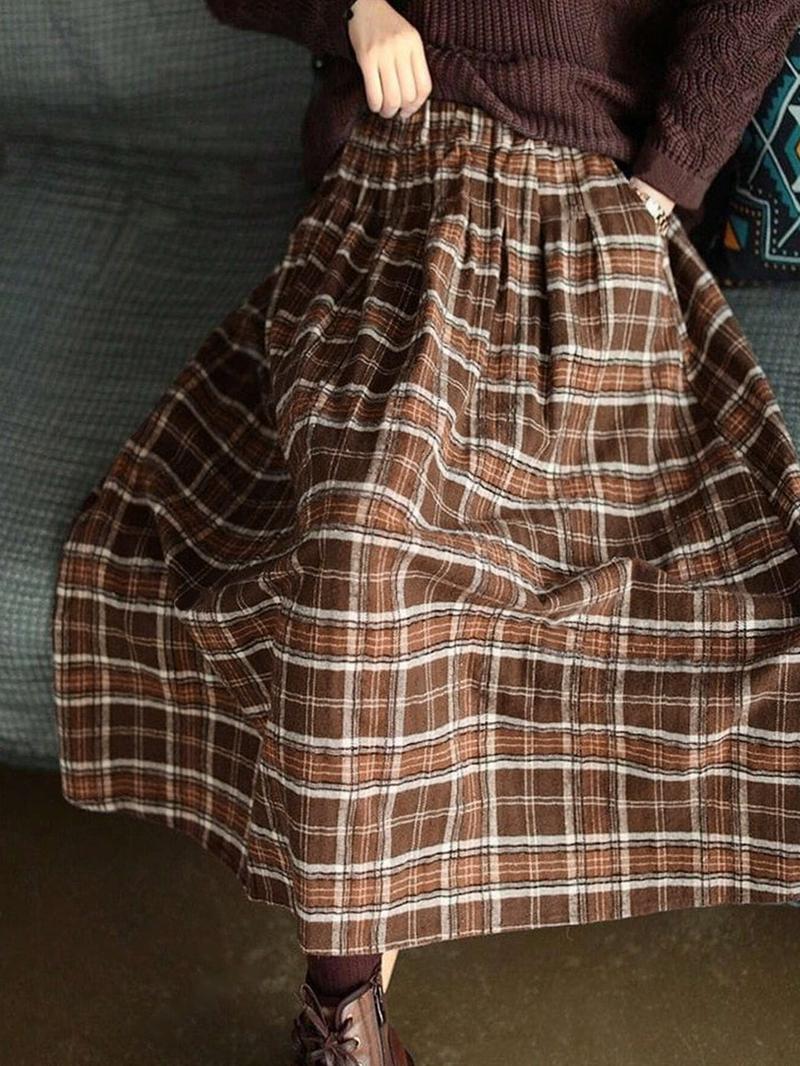 Women's Plaid A-Line Long Dress,flared skirt， Casual Loose Fit Elastic ...