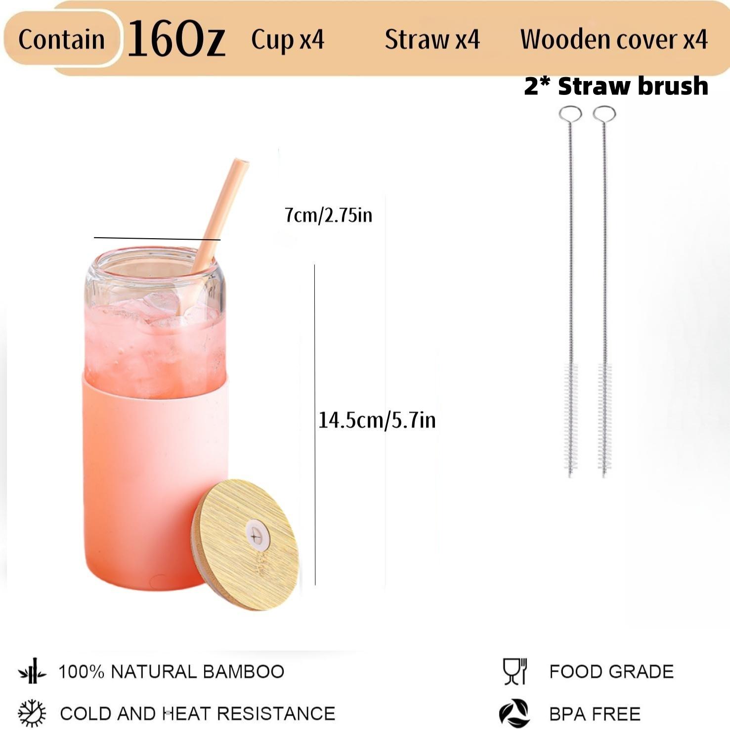 16oz Glass Cup with Bamboo Lid & Straw, 4 Counts Reusable Glass Cup ...