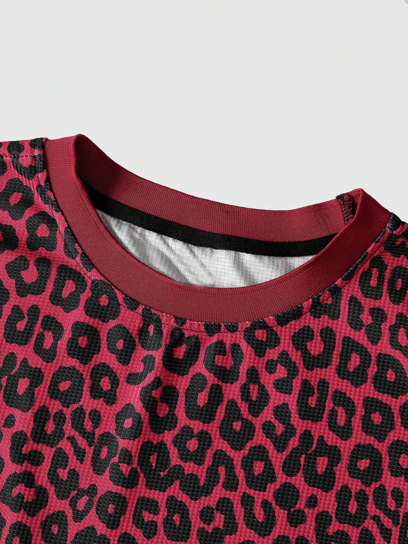 Oversized Red Leopard Print Long Sleeve T-shirt, Vintage Gothic Font ...