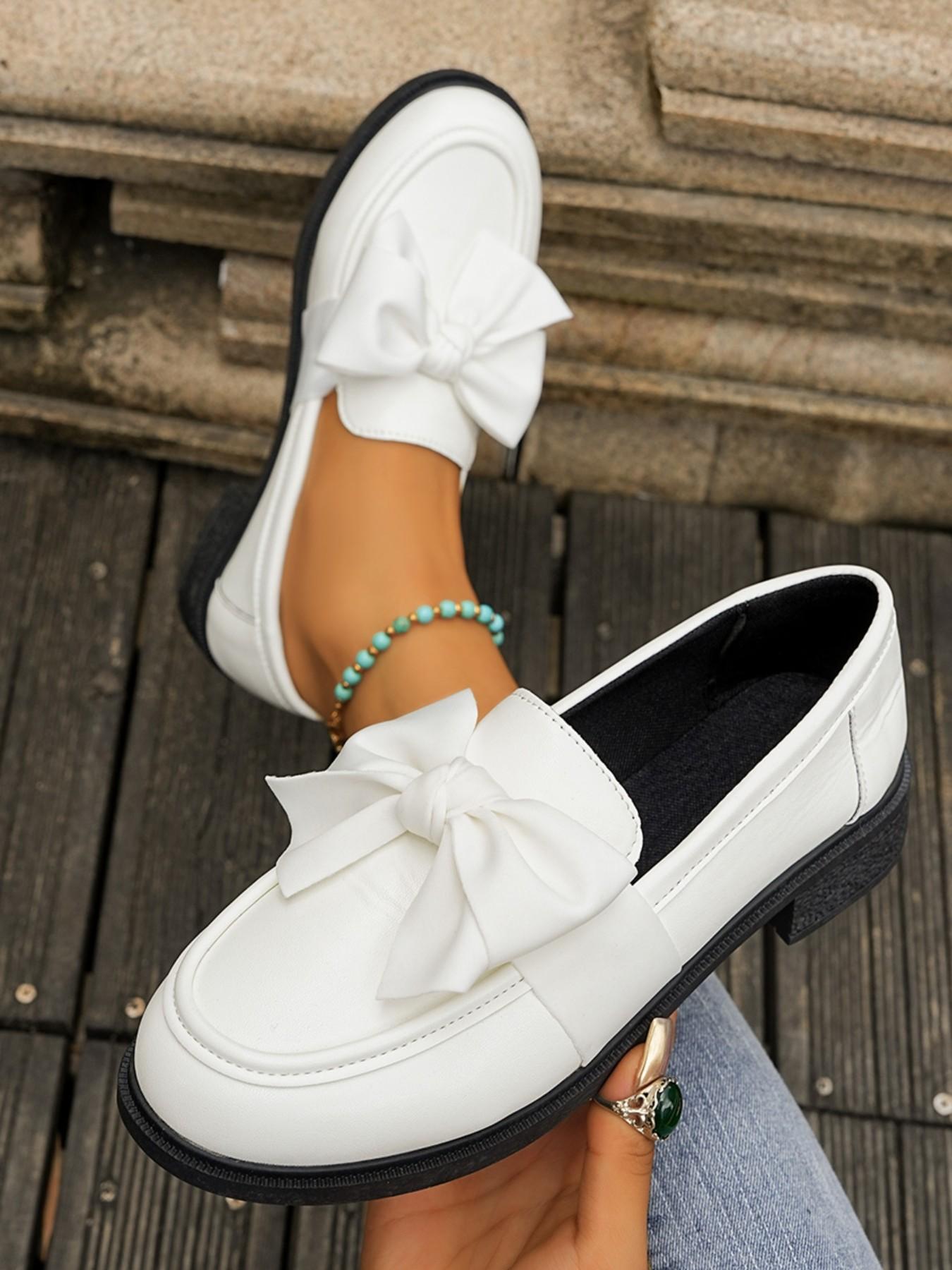Women's Bow Loafers Colorblock Chunky Heel Small Leather Shoes, Casual ...
