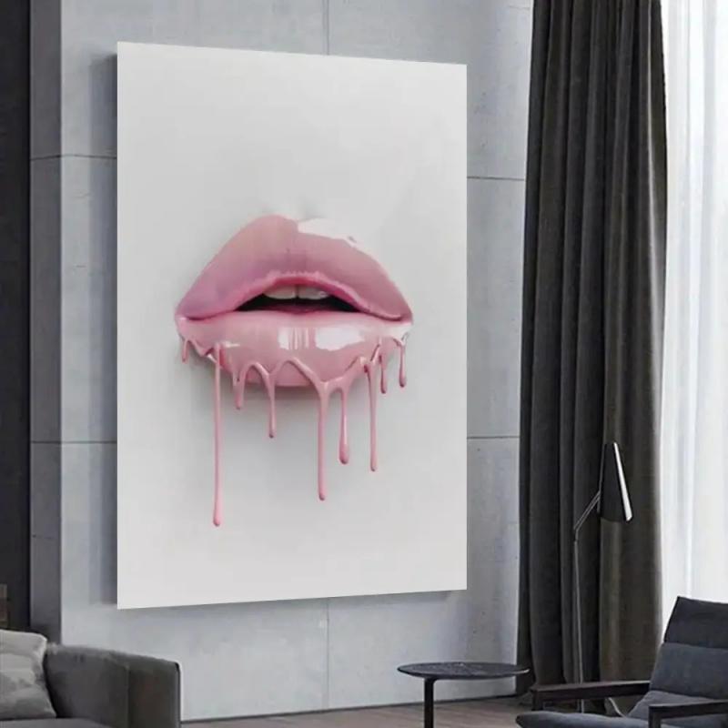 1 Piece Framed Canvas Wall Art - Modern Minimalist Pink Lip Print Oil ...