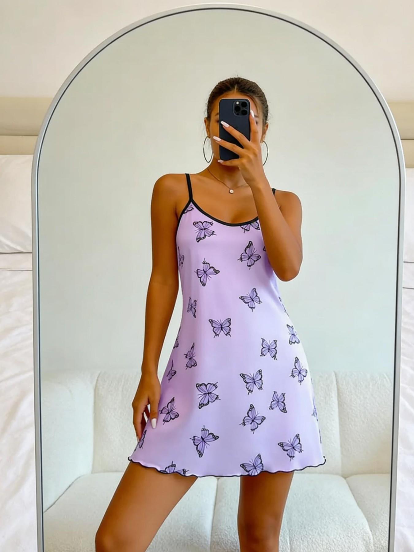 Style Fashion Colorblock Butterfly All over Print Nightdress Sleeveless ...