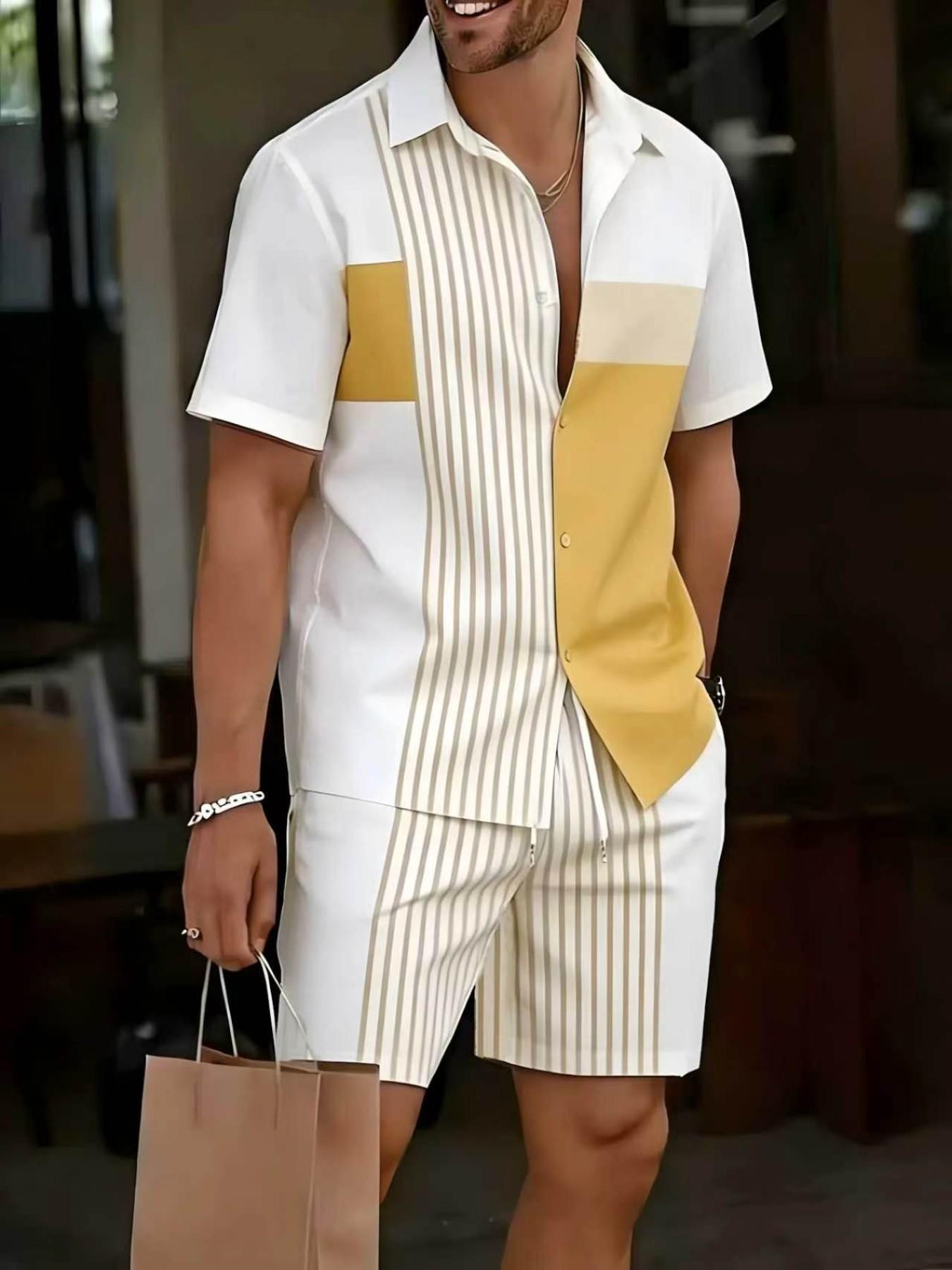Men's Striped Patchwork Short Sleeve Shirt Set, Matching Summer Casual ...
