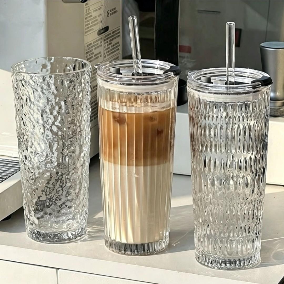 Reusable, Capacity Transparent Glass Coffee Cup with Lid & Straw ...