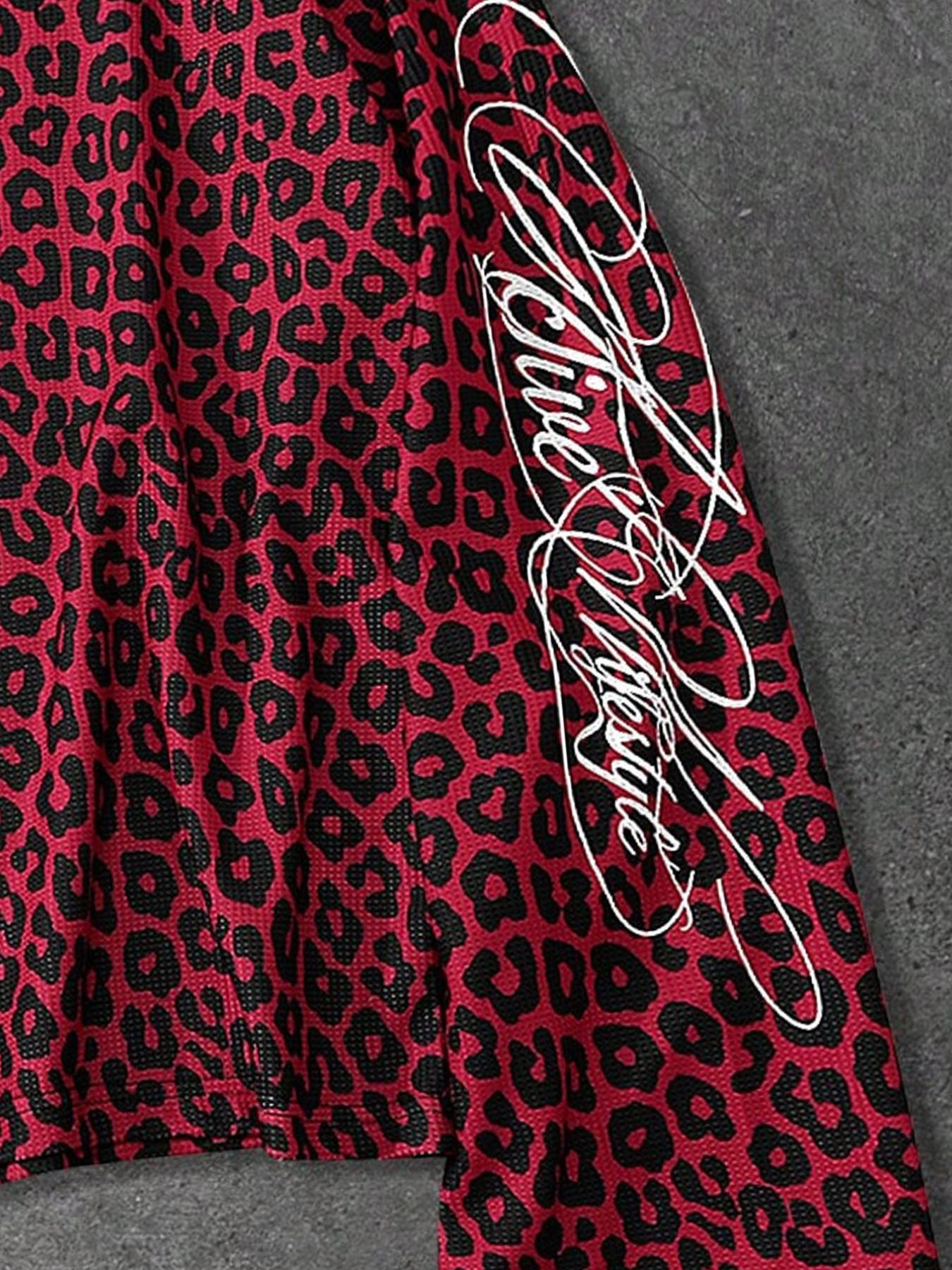 Oversized Red Leopard Print Long Sleeve T-shirt, Vintage Gothic Font ...