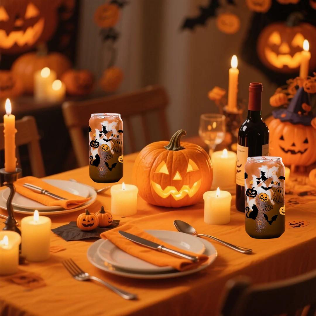 Halloween Glass Cup Set, 16oz Drinking Glasses with Glass Straw & Brush ...