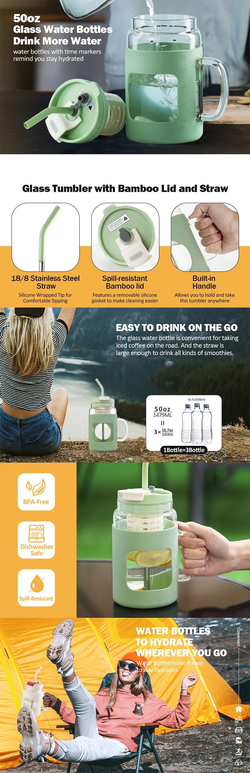 50OZ Glass Tumbler with Bamboo Lid and Straw BPA Free Travel Bottle ...