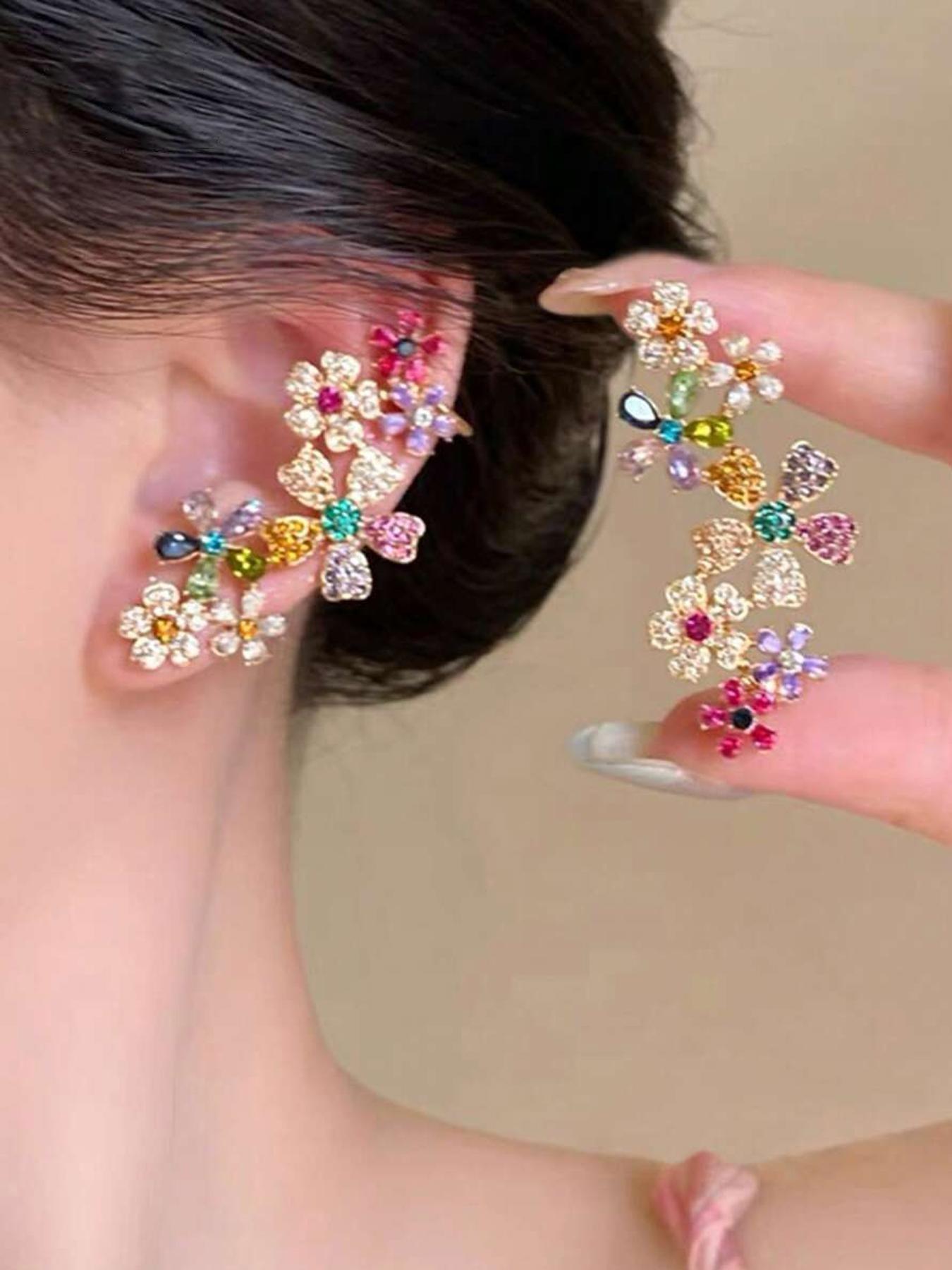 Fashion Sweet Colored Rhinestone Flower Earrings, Clip-On Studs Combo ...