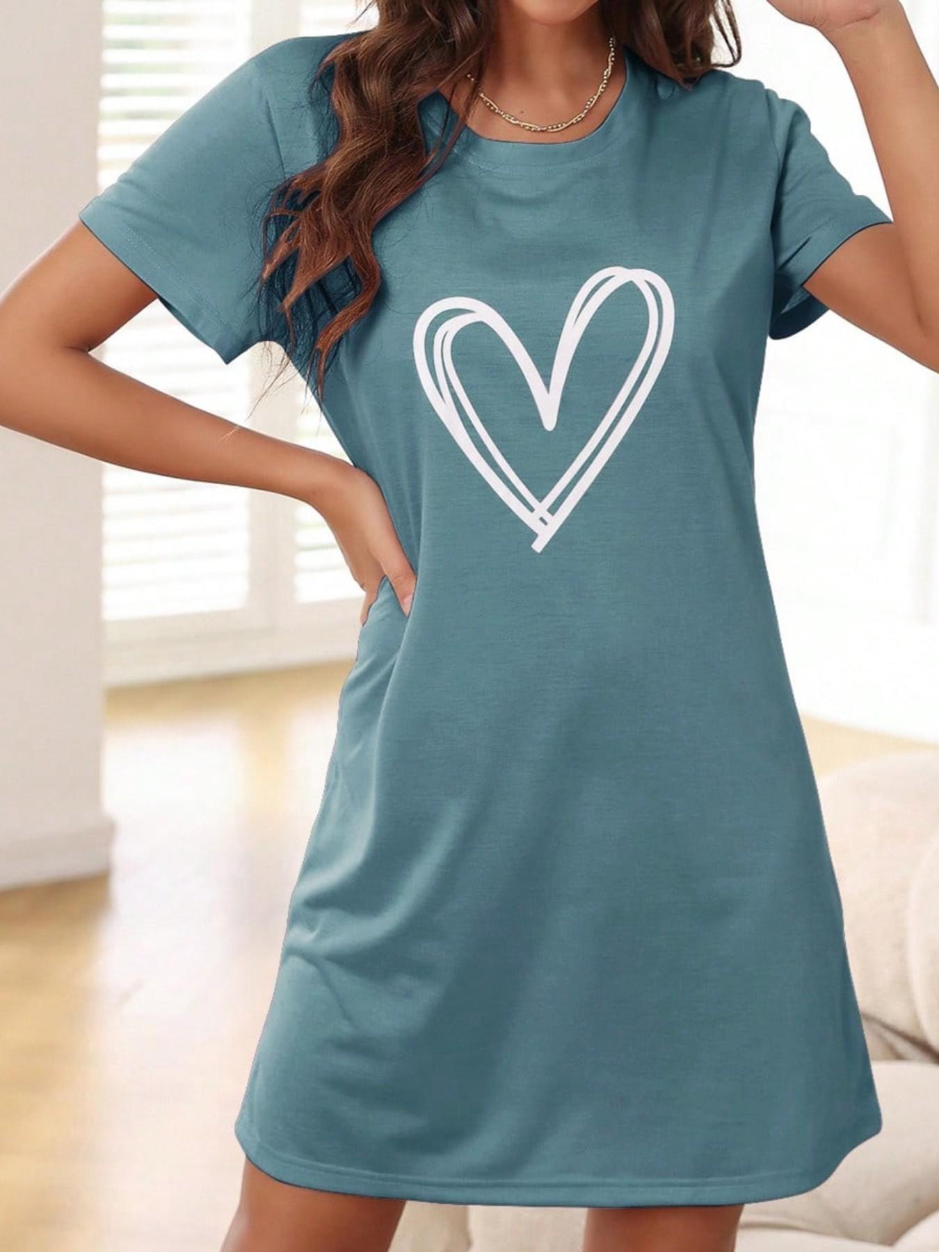 Women's Heart Print Nightdress, Sexy Sleepwear, Loungewear, Comfortable ...