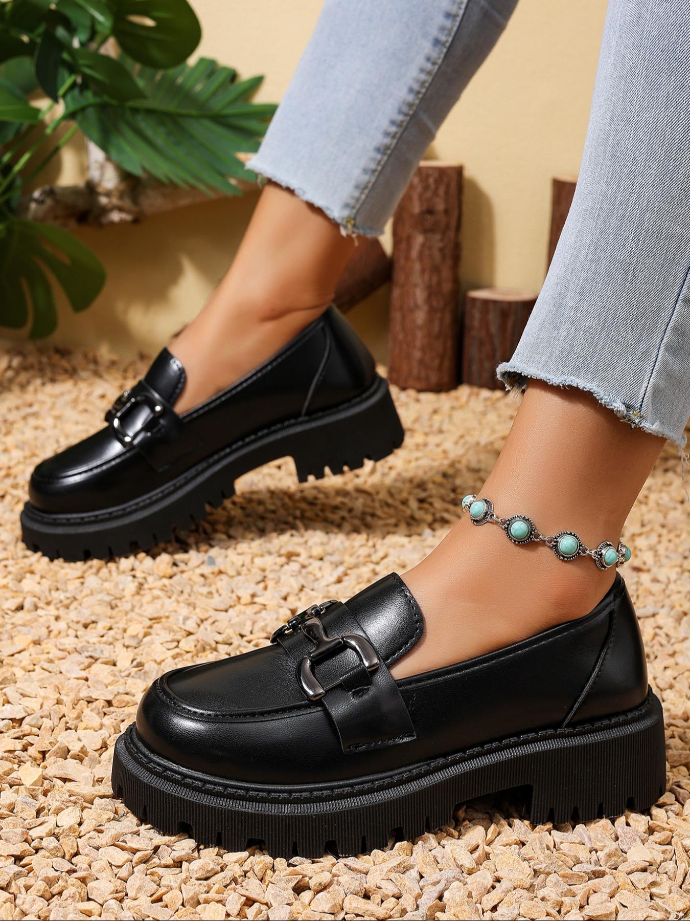 British Style Thick Sole Loafers for Women, Walking Shoes, Metal Buckle ...