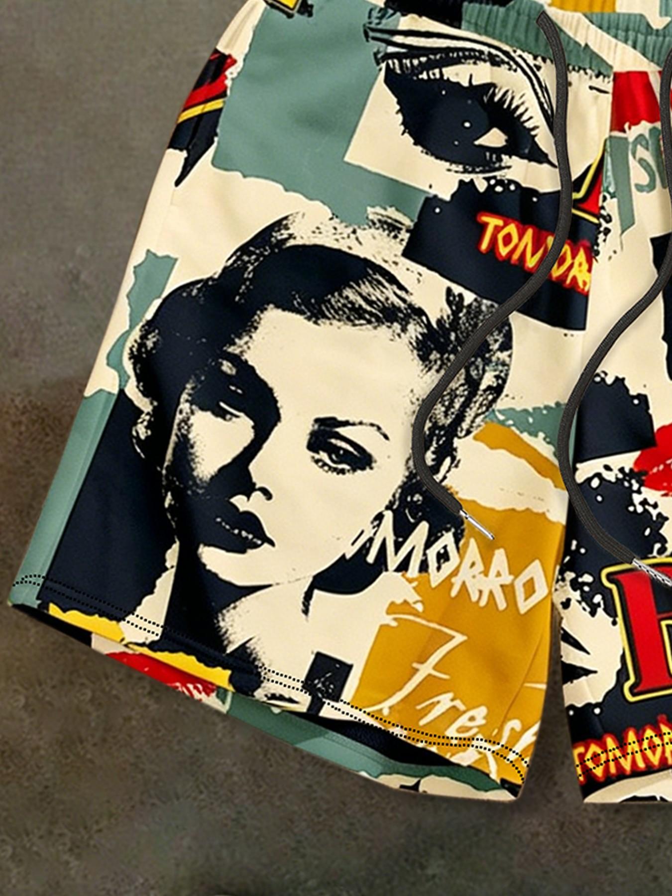 Retro pop art graffiti print men's casual streetwear shorts, drawstring ...