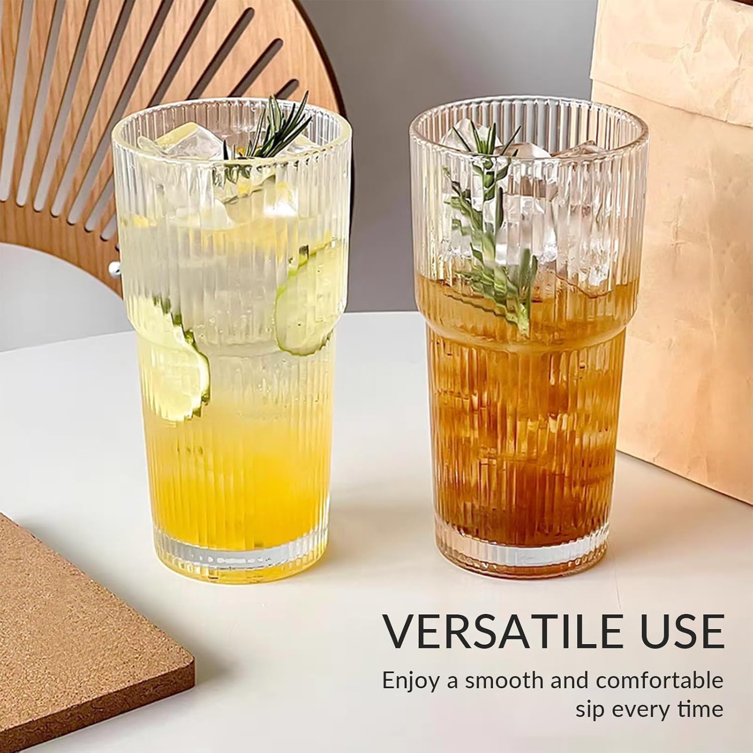 2 Pack 20oz Glass Cups with and Straws, Ribbed Glassware for , Mason ...