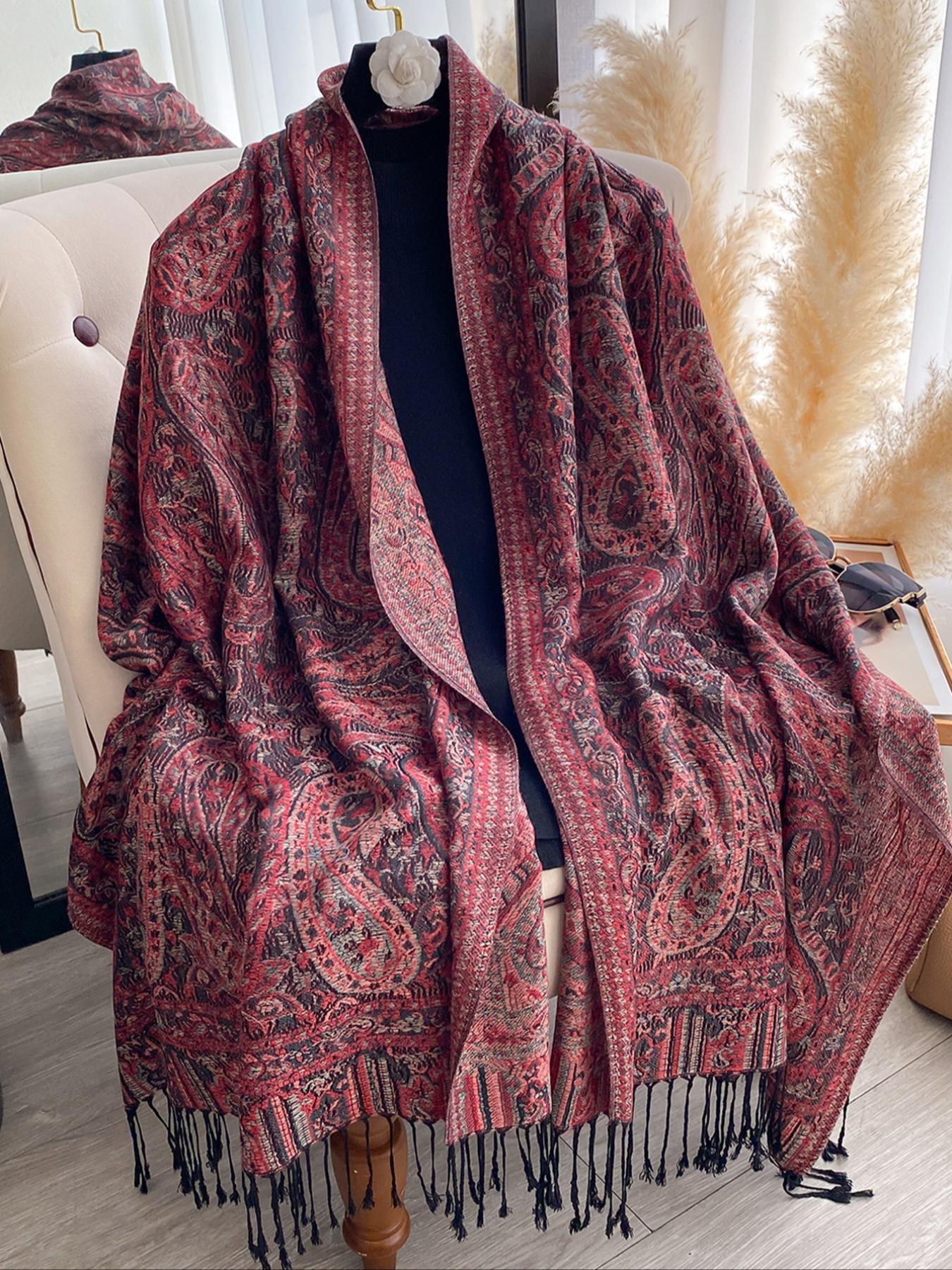 Elegant Boho Paisley Print Scarf, Long Fringe Design Soft Shawl ...