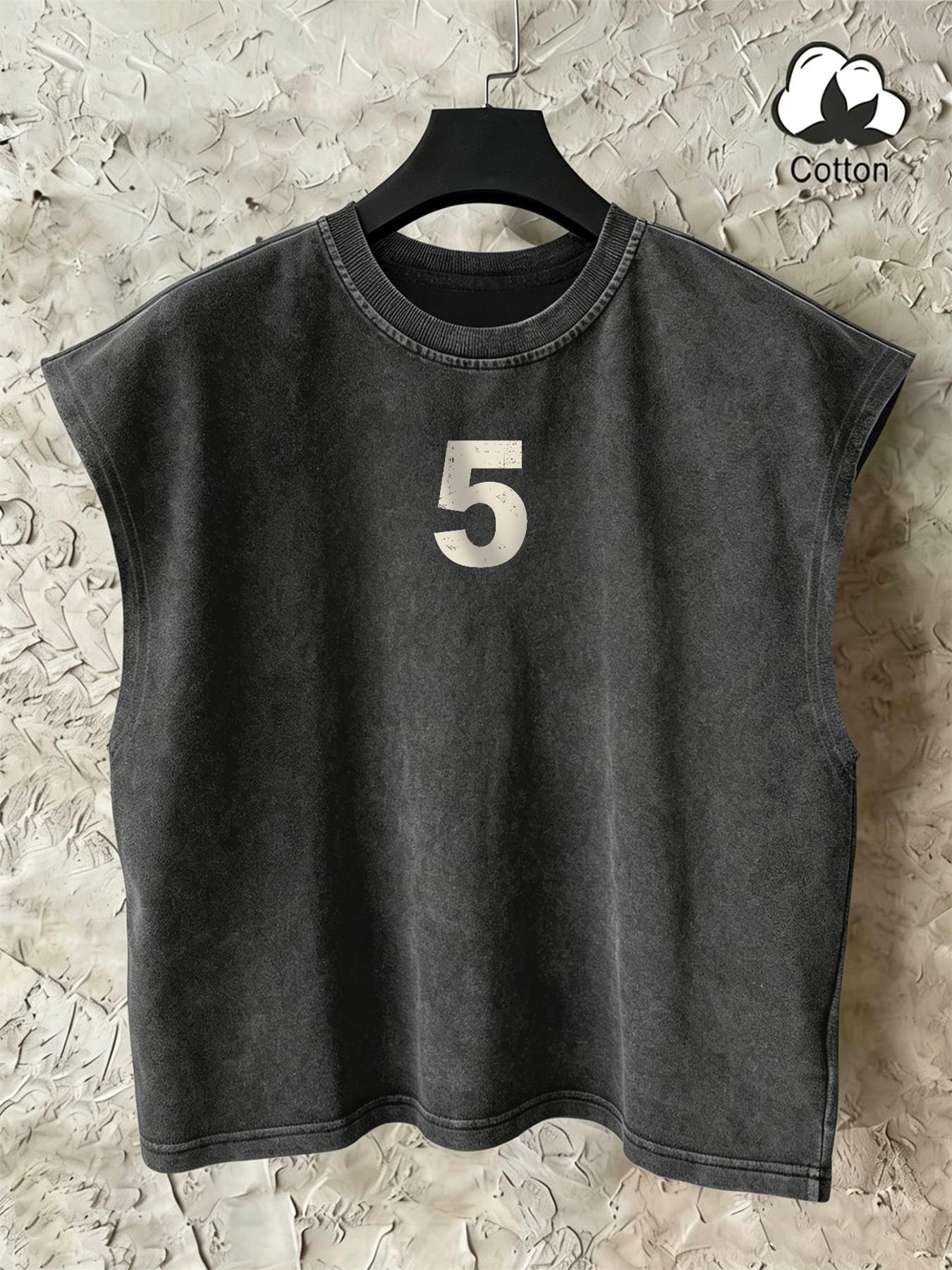 Men's Black Crew Neck Sleeveless Tank Top, Vintage Washed Number 5 ...