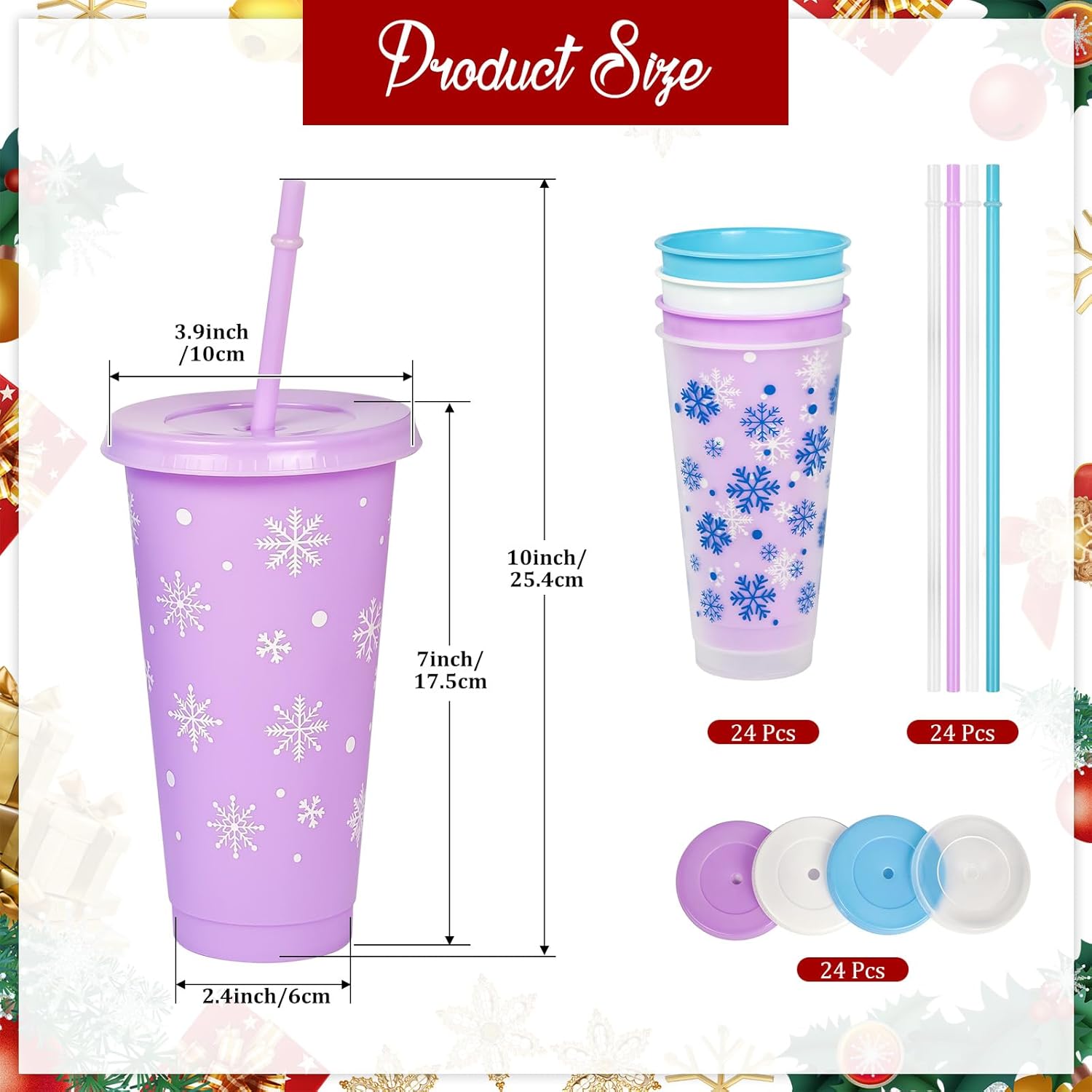 24 count Christmas Winter Snowflake Party Cups with Lid and Straw 24oz ...