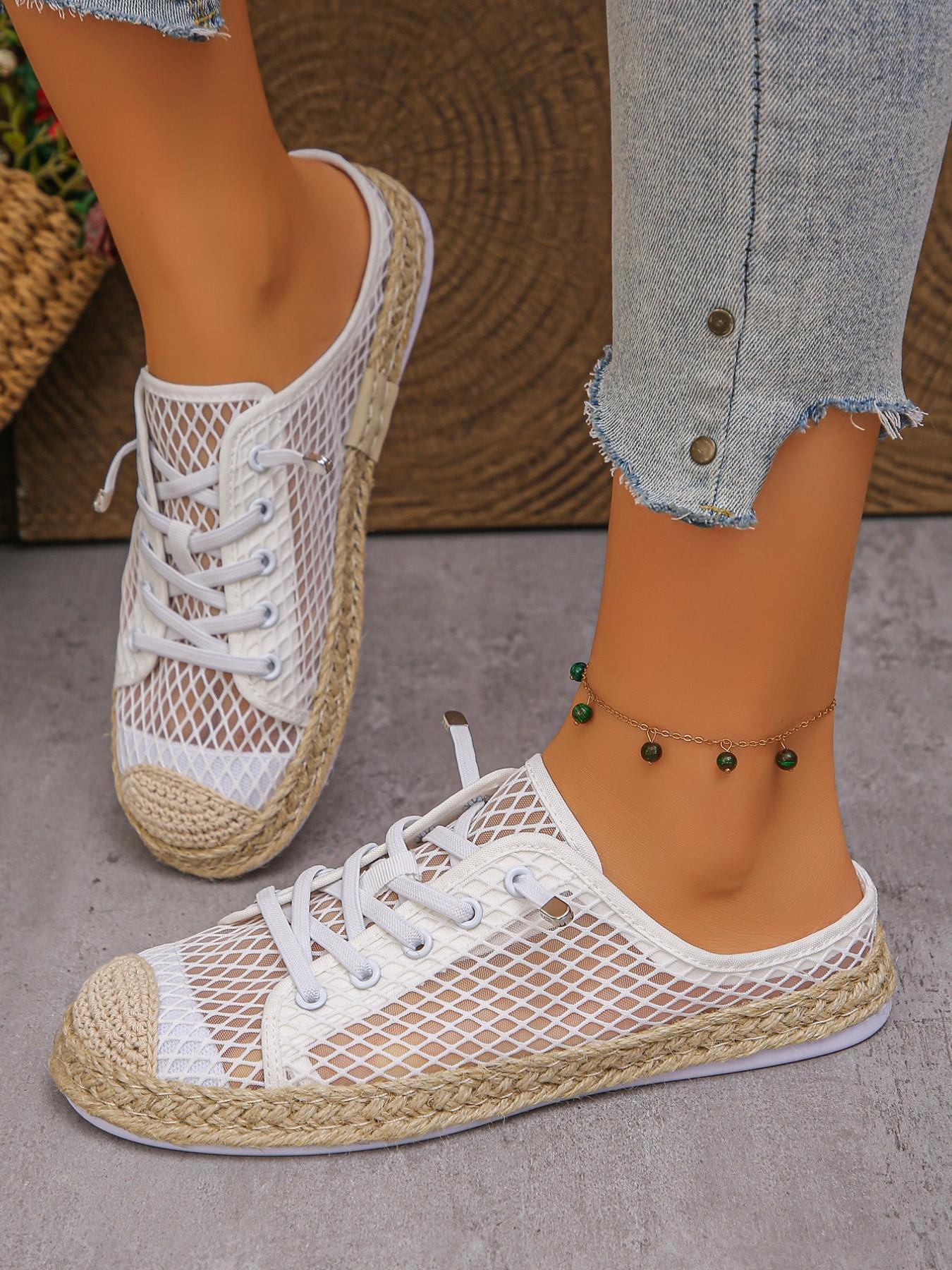 Summer New Mesh Breathable Half Sandal Canvas Shoes, Straw Toe One ...