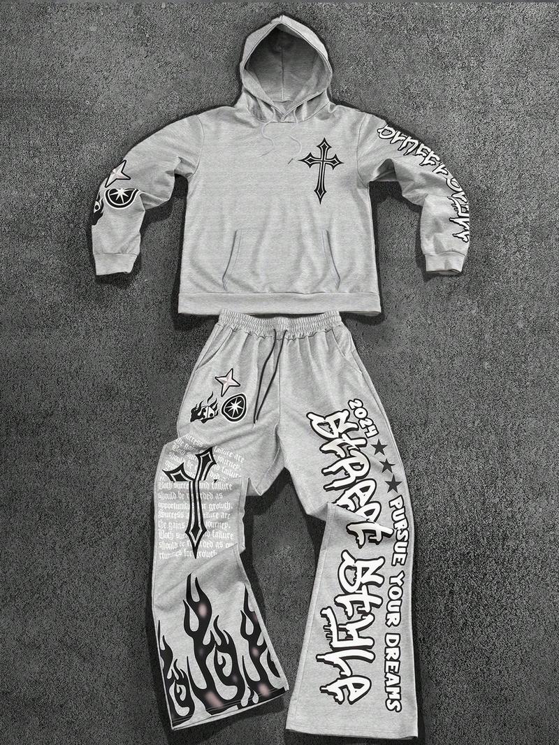 Street Style Cross Flame Print Set, Comfortable Fabric, Trendy Casual ...