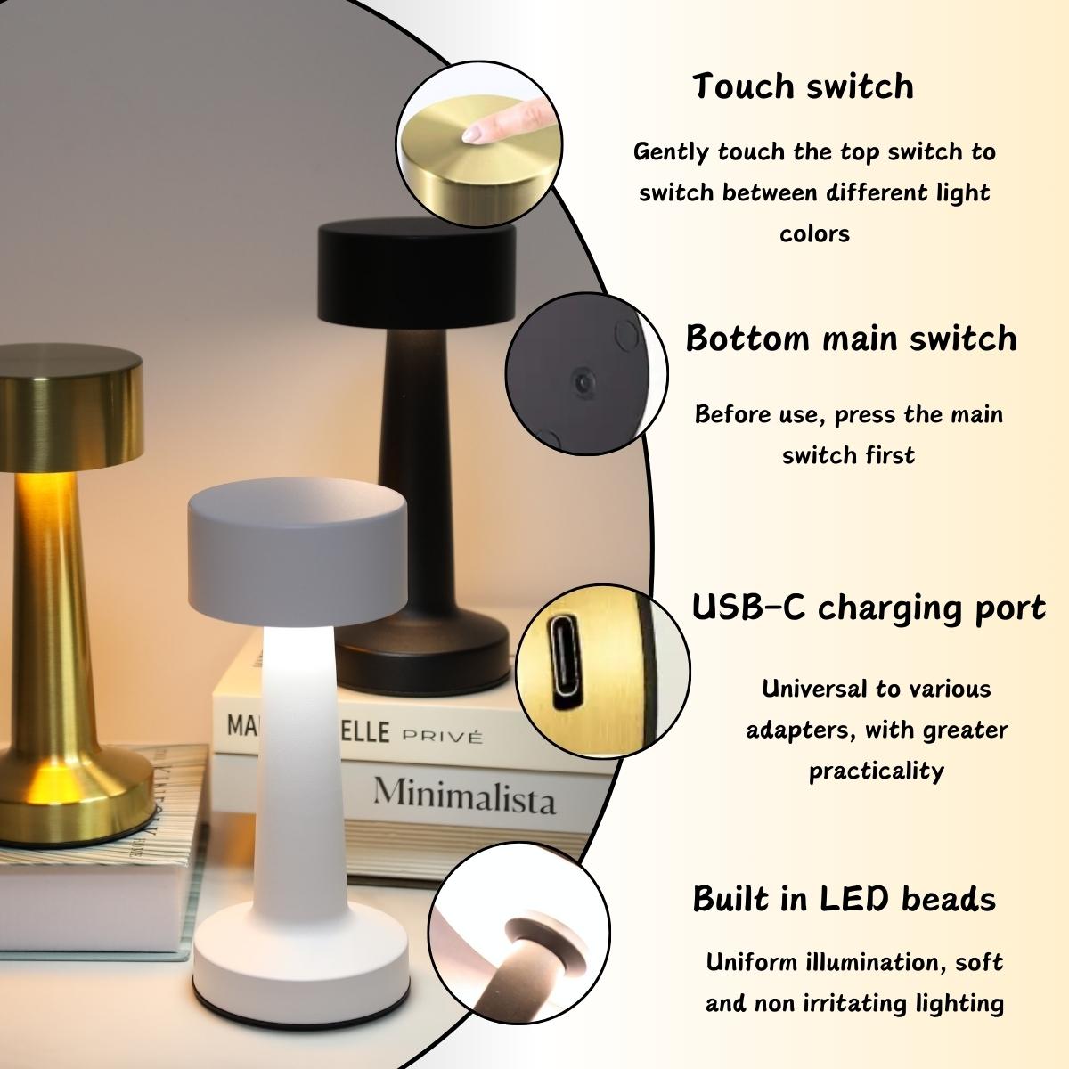 Portable Rechargeable LED Touch Table Lamp, Adjustable Dimmable Metal ...