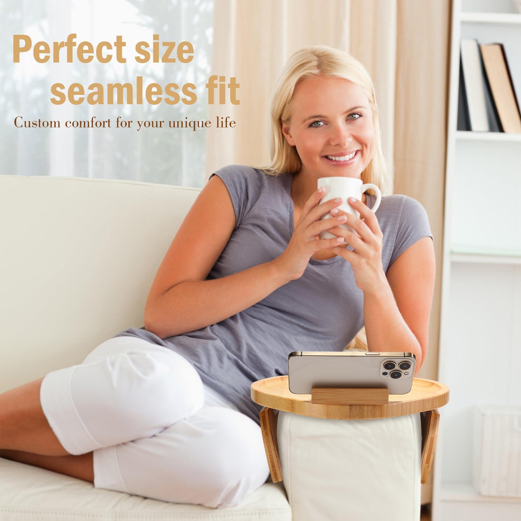 Bamboo Sofa Armrest Tray Table, Accent Table, 360° Phone Holder ...
