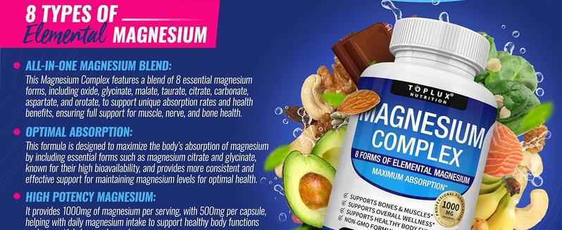 TopLux Nutrition Magnesium Complex 1000mg90Capsules with 7 Elemental ...