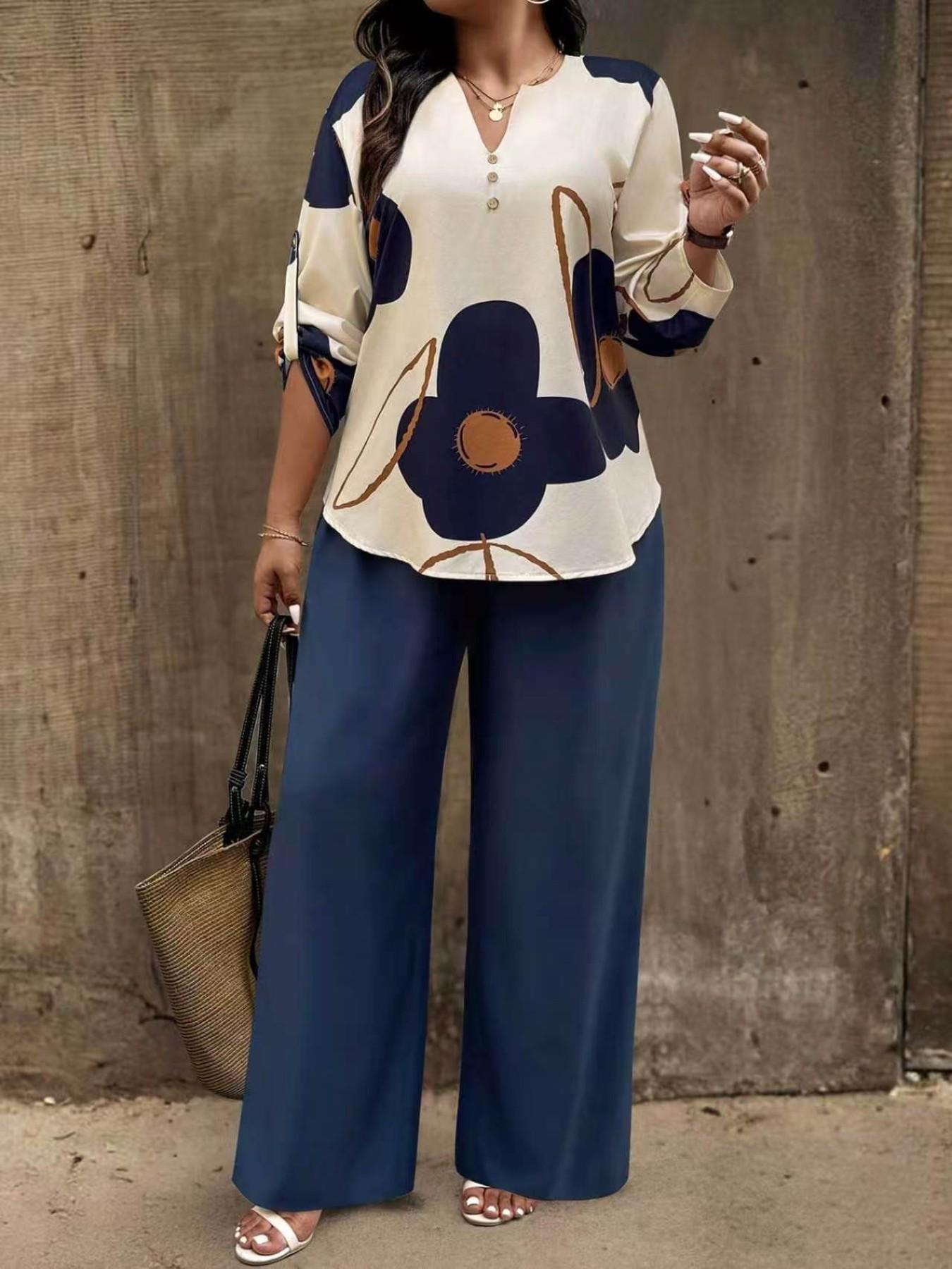 Spring Summer Plus Size Casual Office Two-Piece Set, Women's Floral ...