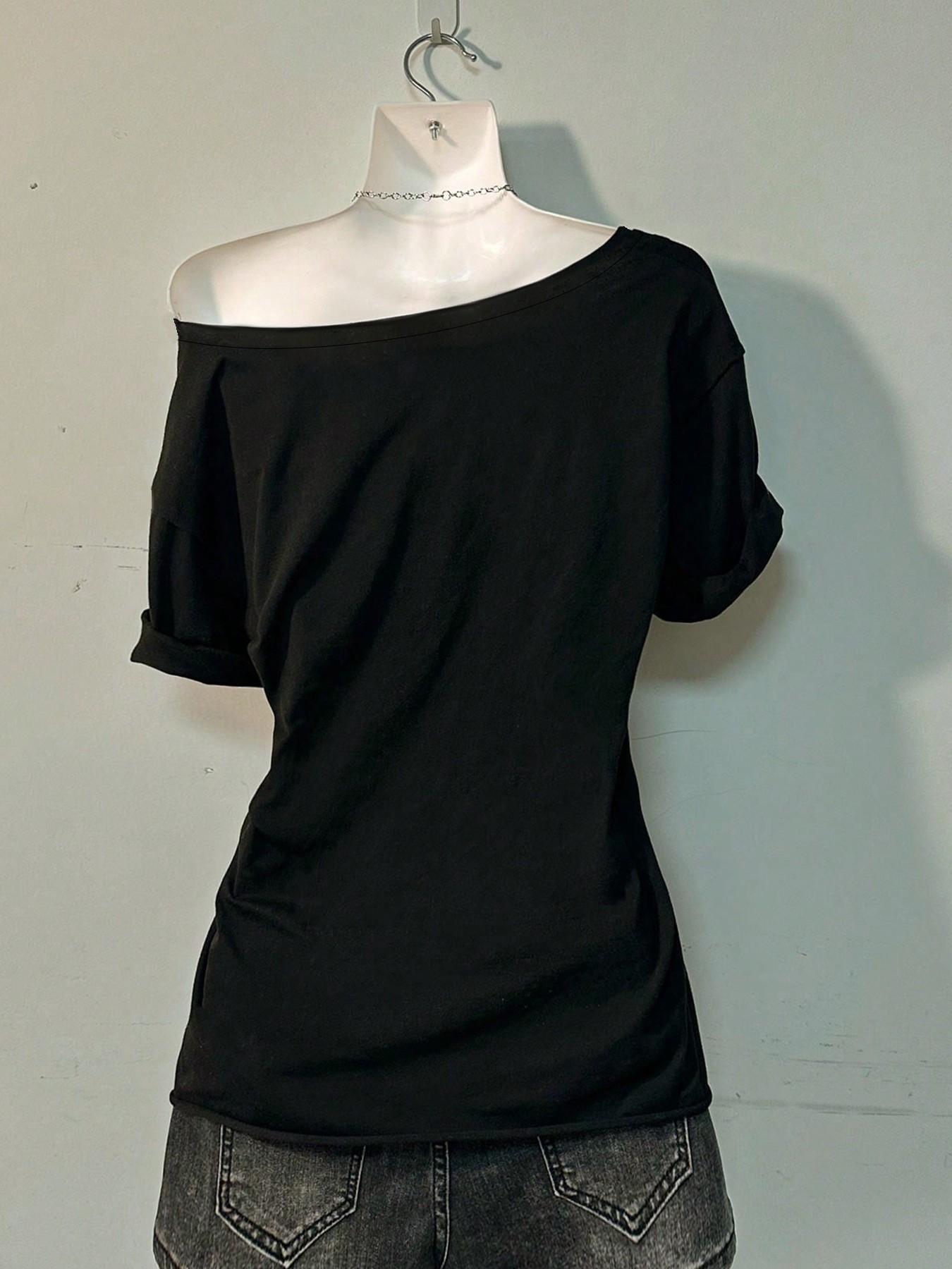 Women's Asymmetrical Neck Short Sleeve T-Shirt, Skeleton Print Off ...