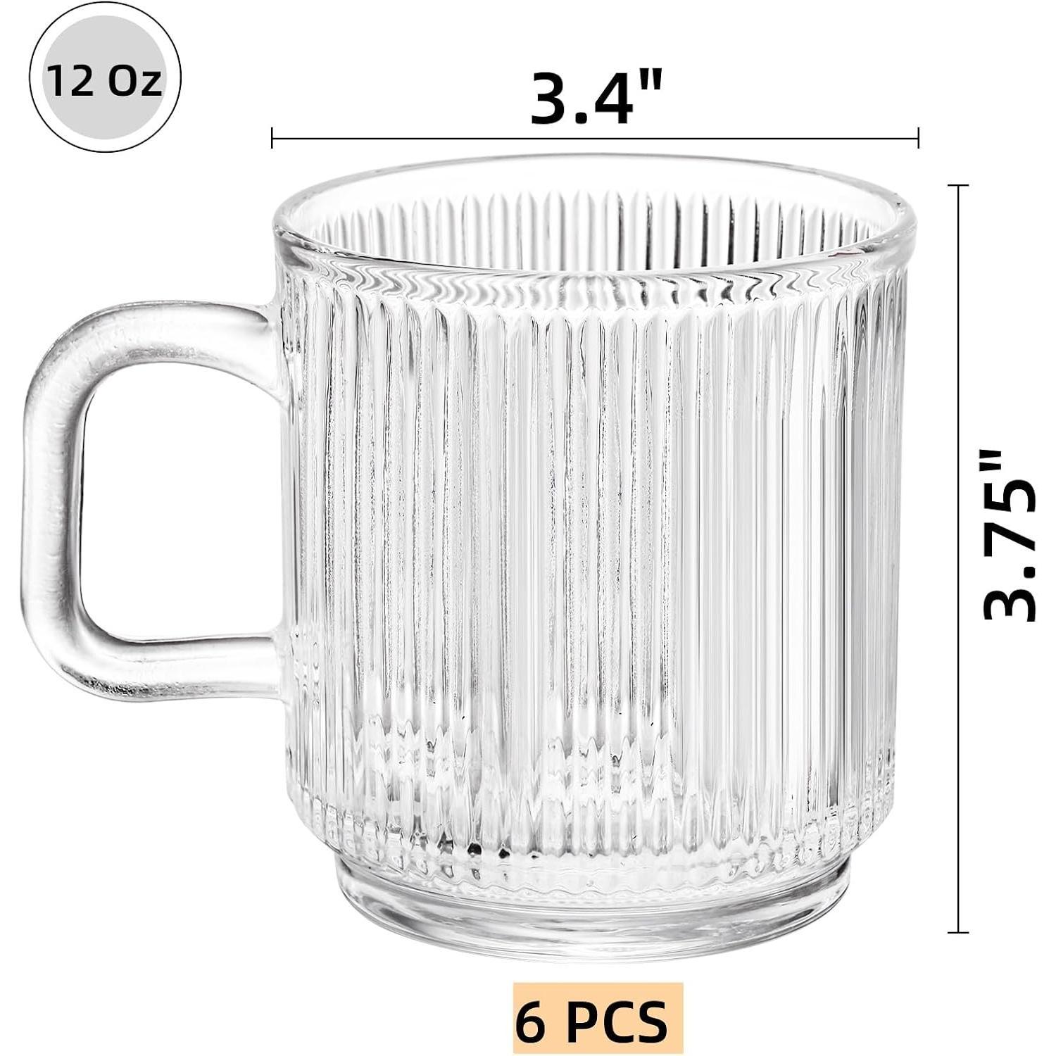 6 Pack Glass Coffee Mugs with Handle, 12 Oz Classic Vertical Stripes ...