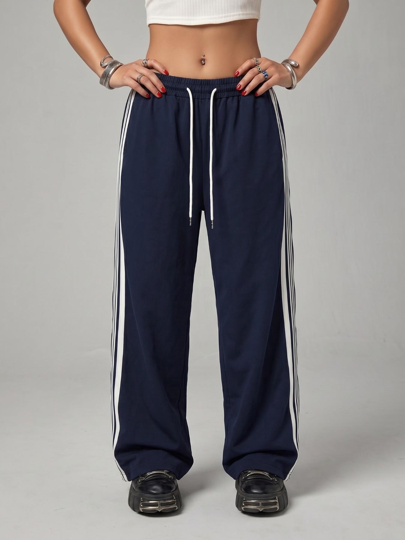 Y2K StreetStyle' Navy Side Stripe High Waist Loose Wide-Leg Track Pants ...