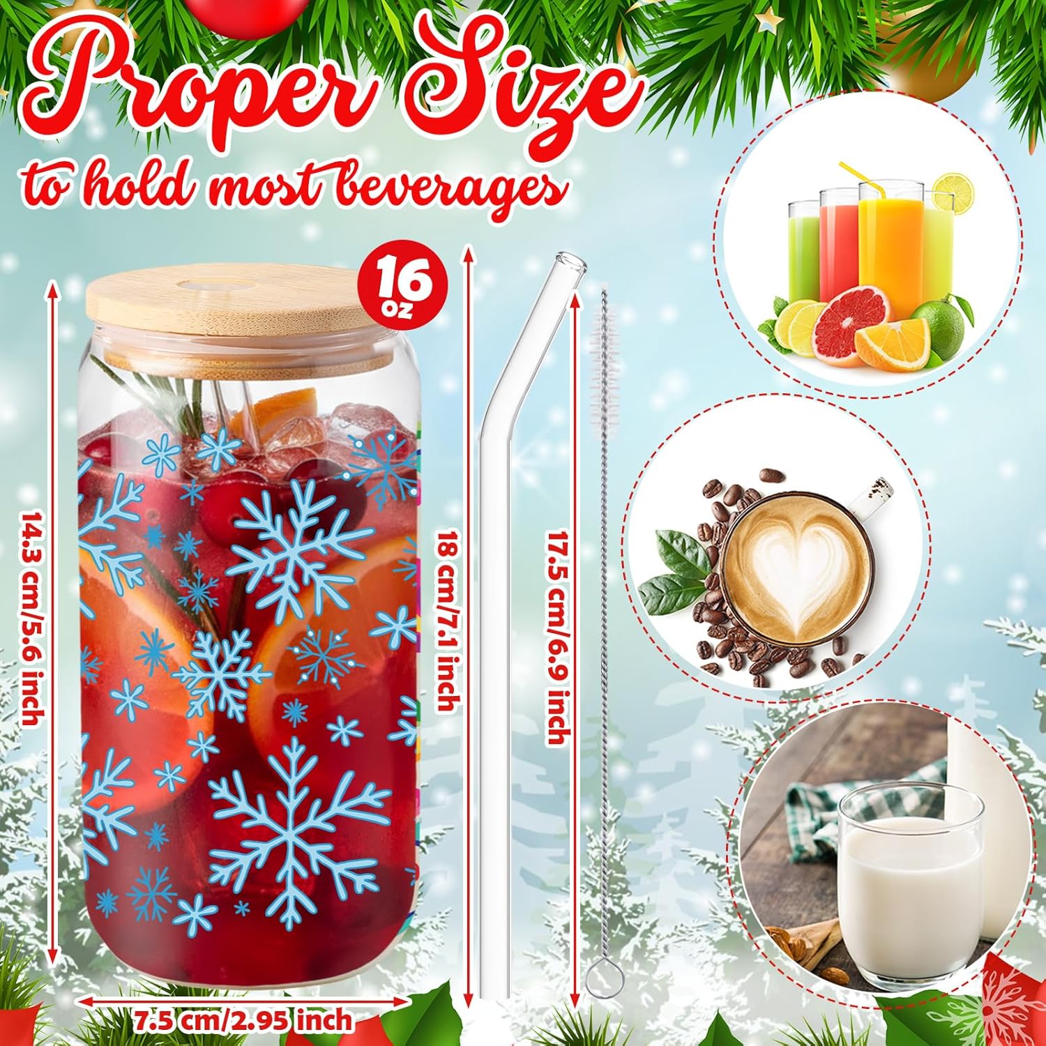 2 count Snowflake Glass Cups Christmas Tumbler with Lid Straw Winter ...