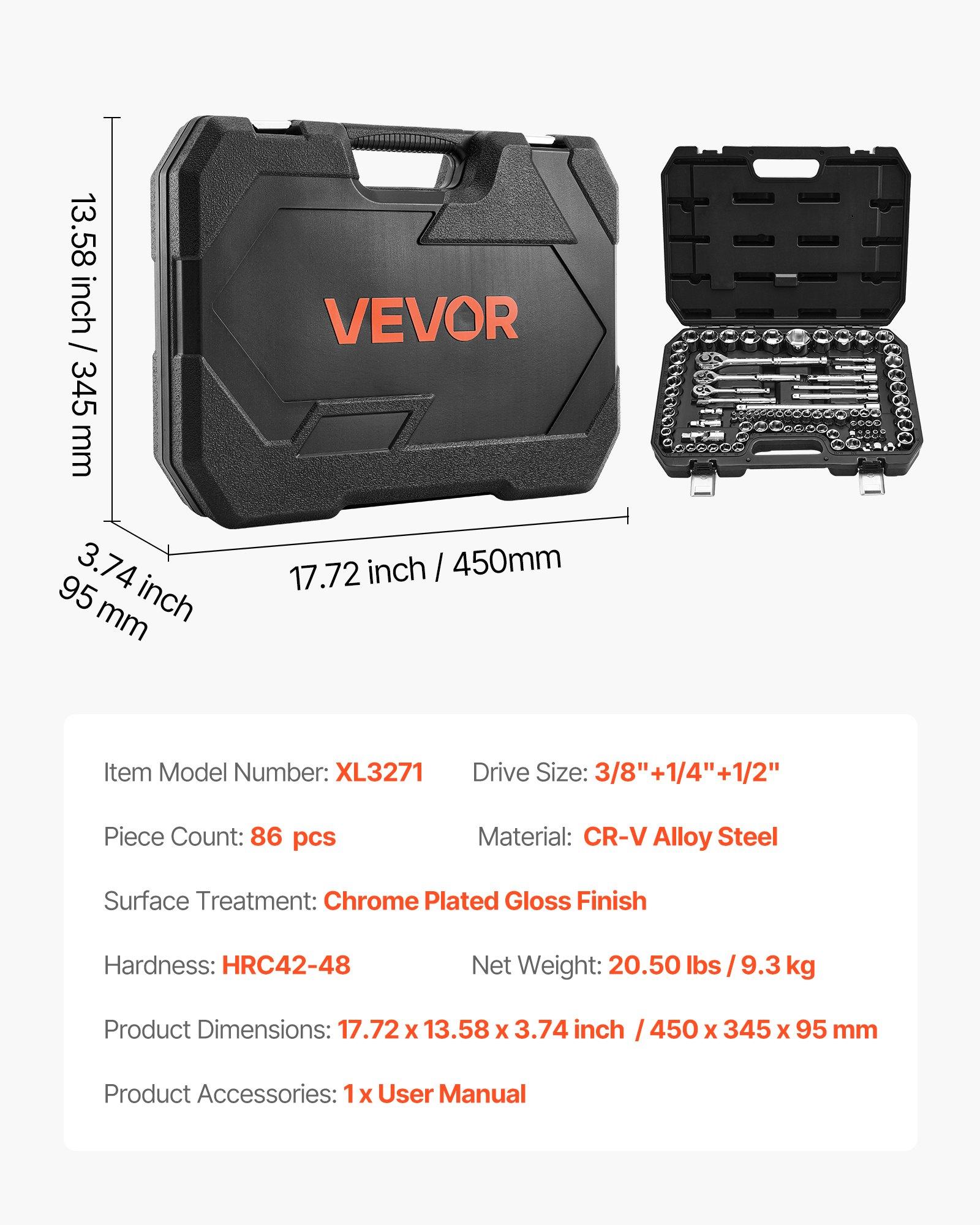 VEVOR Socket Set, 86 Pieces, 3/8 1/4 1/2 inch Drive Socket and Ratchet ...