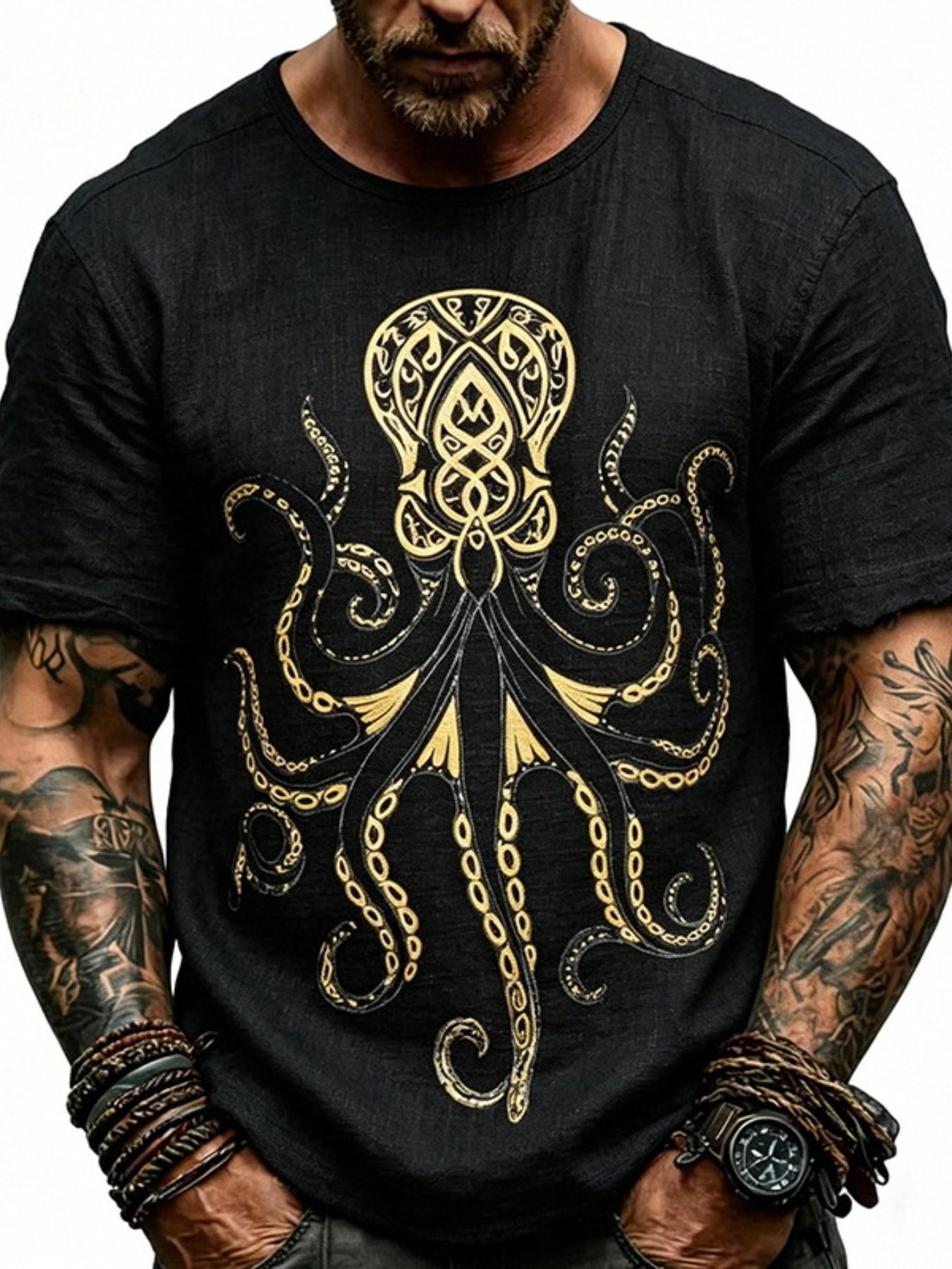Men's Summer Gold Octopus Print Retro Hip Hop Linen T-Shirt, Short ...