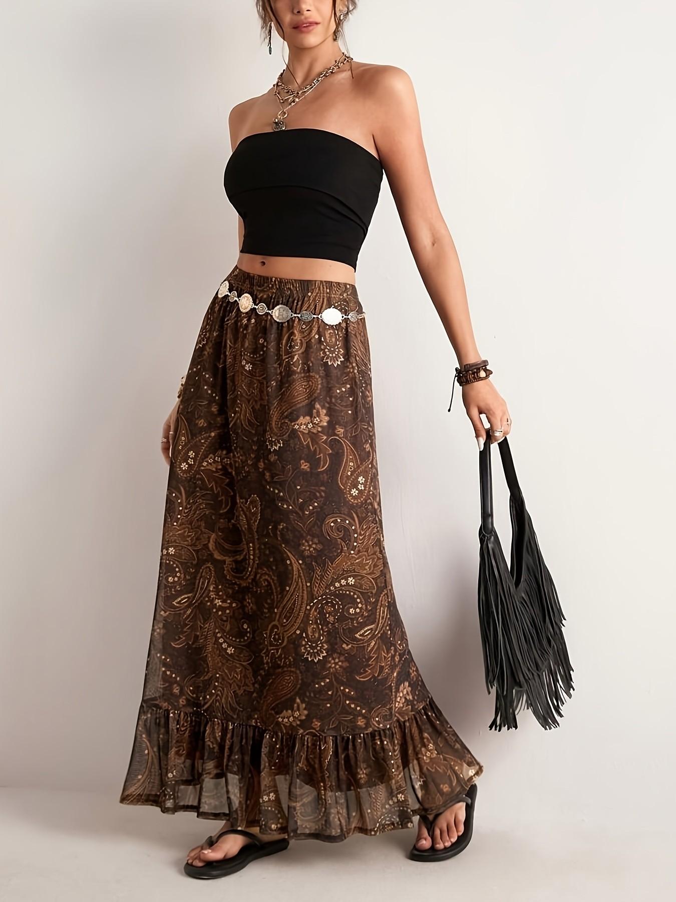 Boho High Waist Flowy Midi Maxi Skirt, Dual Layer Vintage Paisley ...
