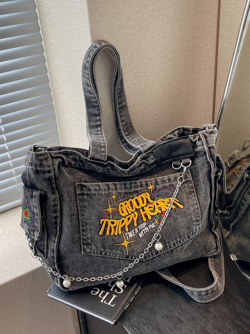 Women's Letter Pattern Embroidery Tote Bag, Casual Large Capacity ...