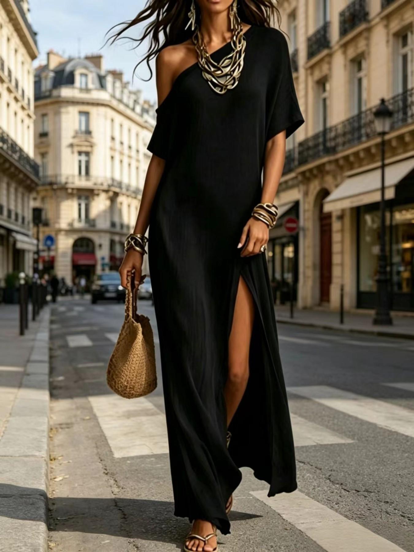Elegant Asymmetrical Shoulder Long Dress, Minimalist High-End Design ...