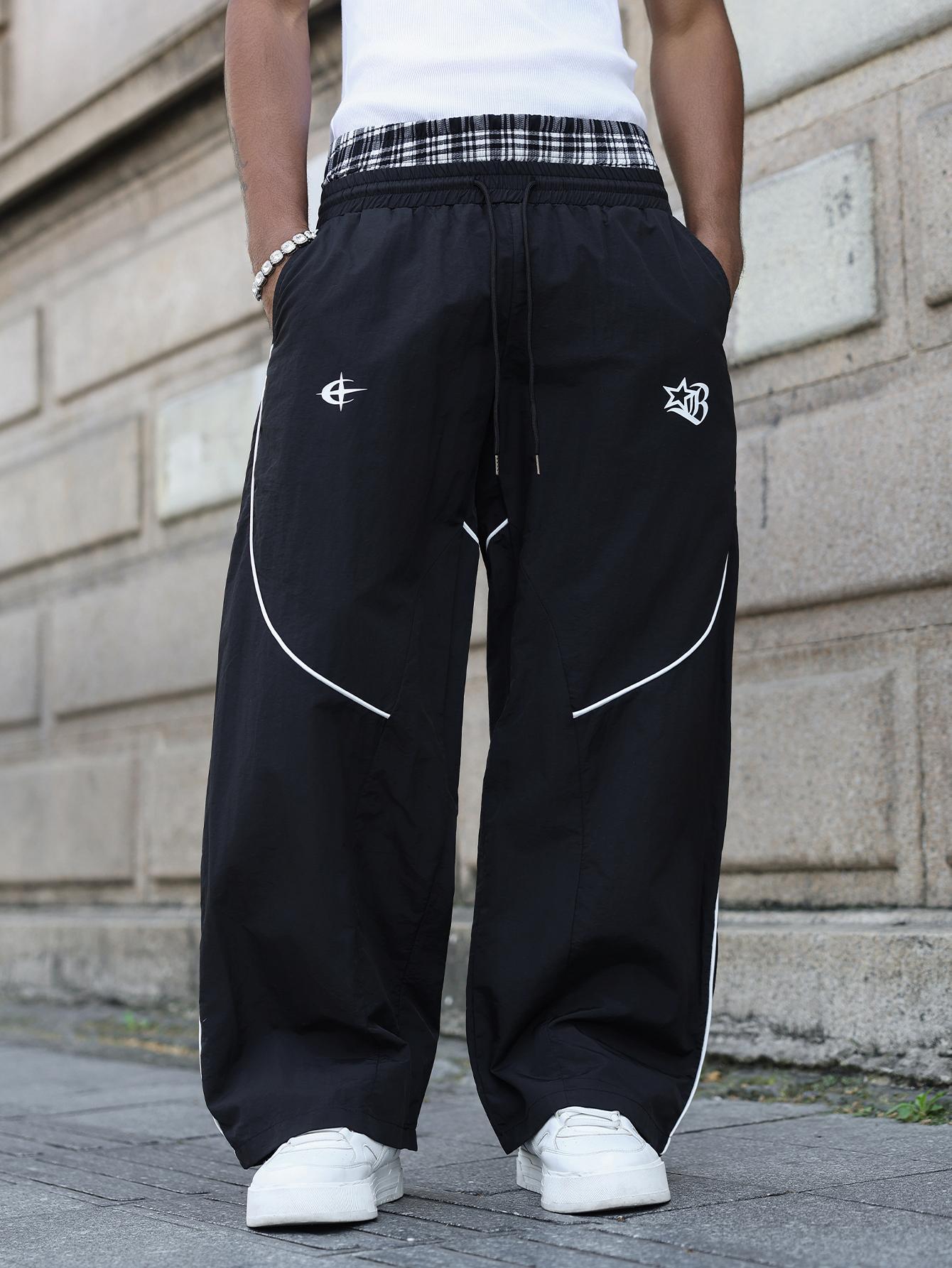 Men's Black Track Pants with Star Logo, Loose Fit Athletic Joggers with ...