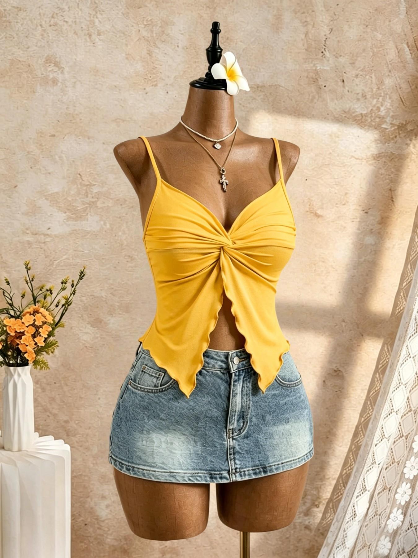 Two-Piece Bodycon Knot Halter Top, Sexy Sleeveless V-Neck Ruffle ...